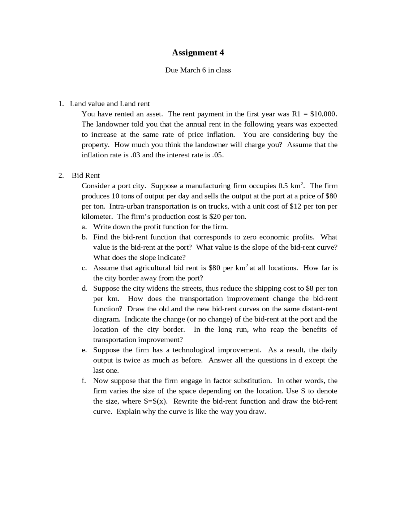 Economics Assignment: Land Value, Rent, and Bid-Rent Function - Prof. Y ...