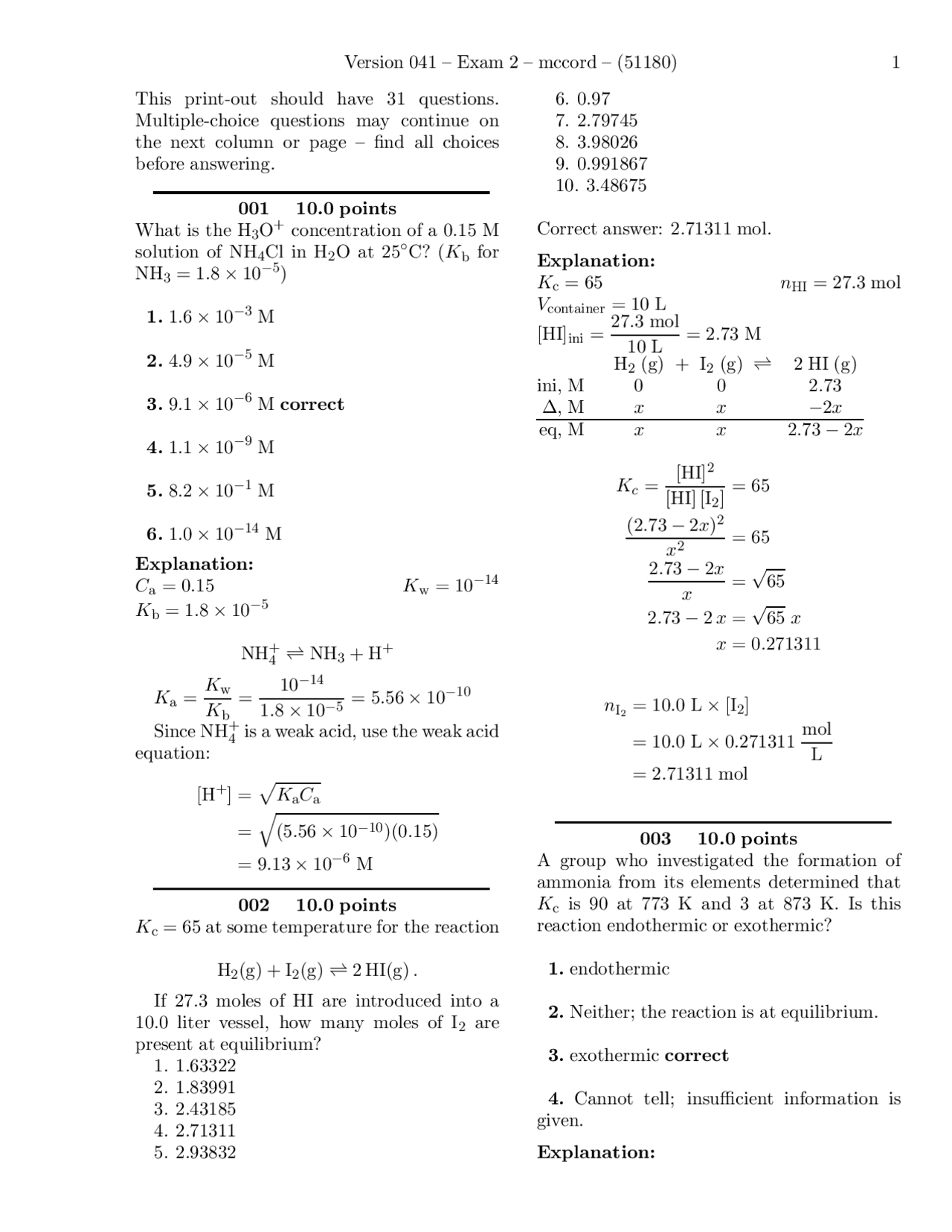 Exam 2 Questions with Solutions - Principles of Chemistry II | CH 302 ...