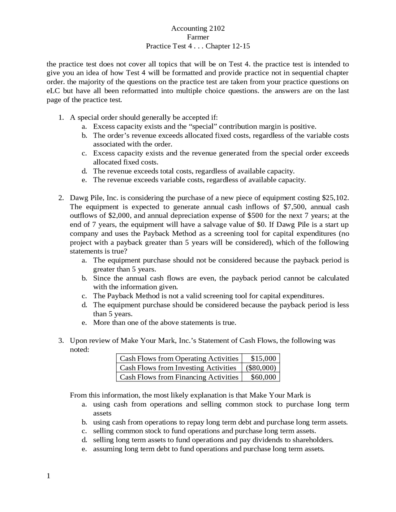 Practice Questions Exam 4 - Principles of Accounting II | ACCT 2102 ...