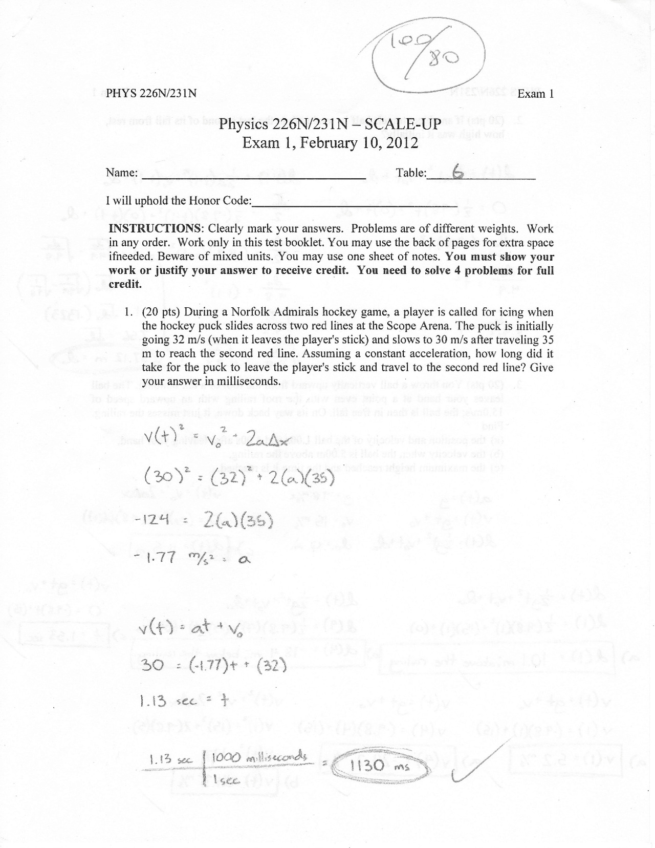 Practice Exam 1 - University Physics Lab - Fall 2012 | PHYS 231N | Exams Physics | Docsity