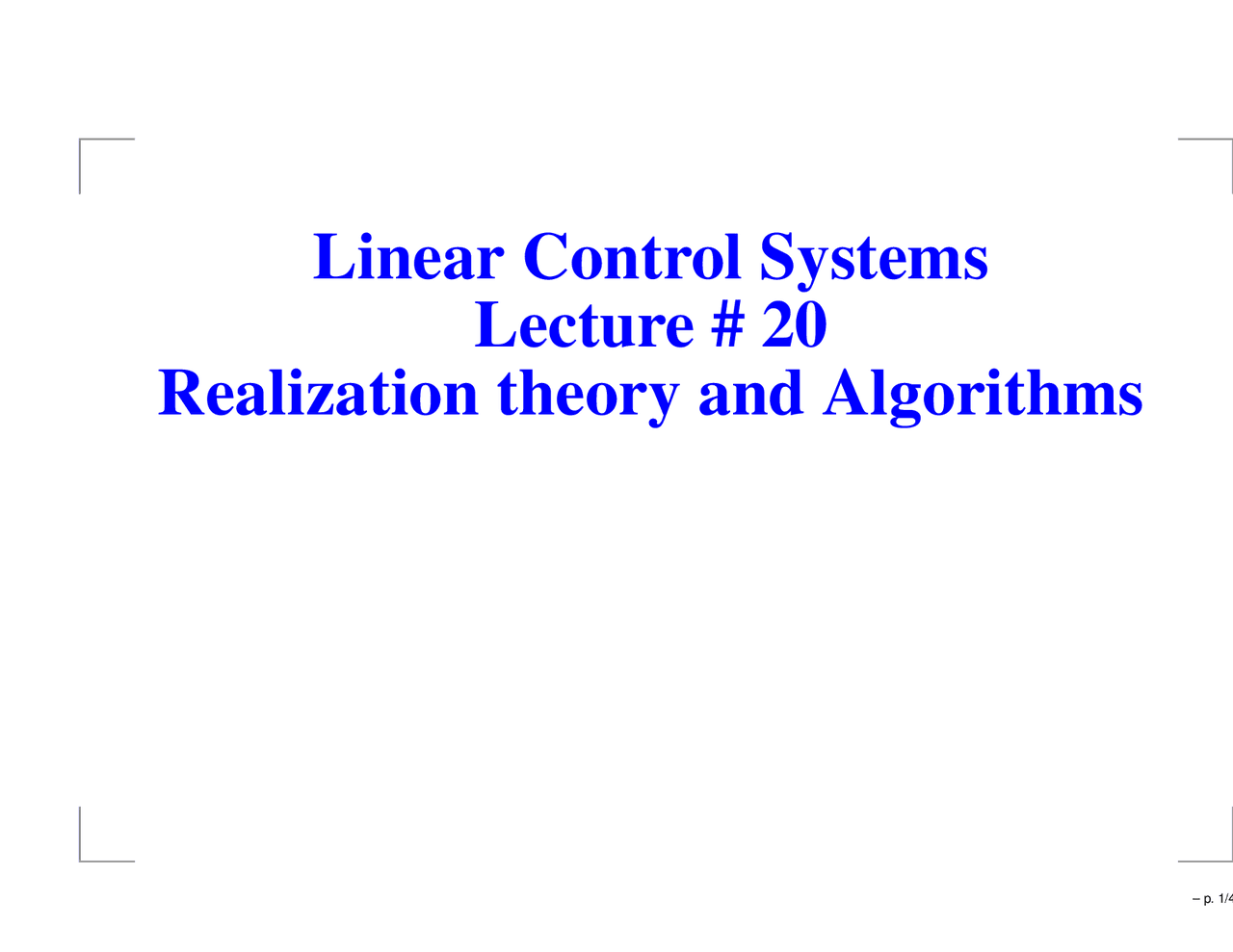 Realization Theory And Algorithms Lecture Notes Linear System And