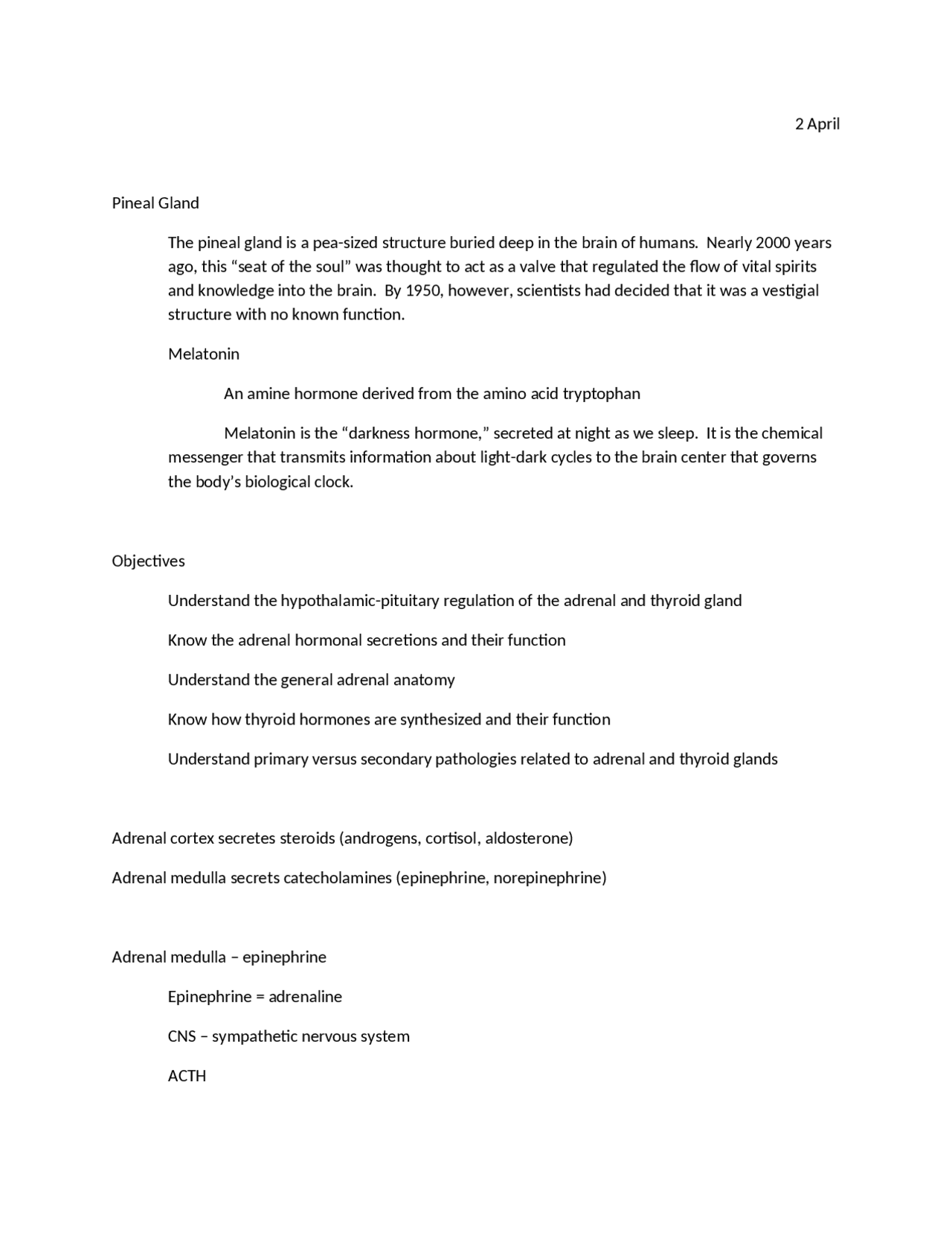 The Pineal Gland - Fundamentals of Physiology - Notes | BMS 360 - Docsity