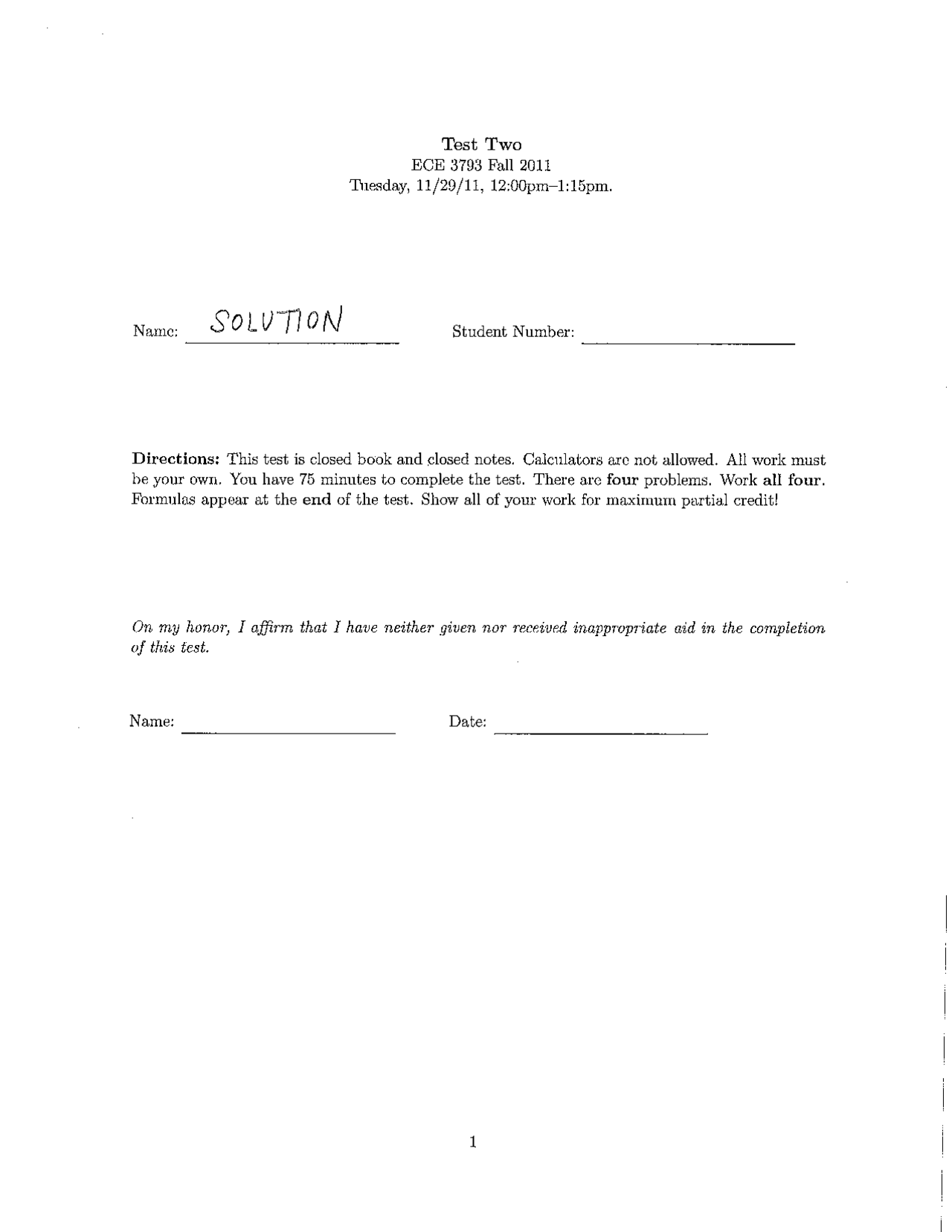 Test 2 With Solutions Signals And Systems Ece 3793 Docsity