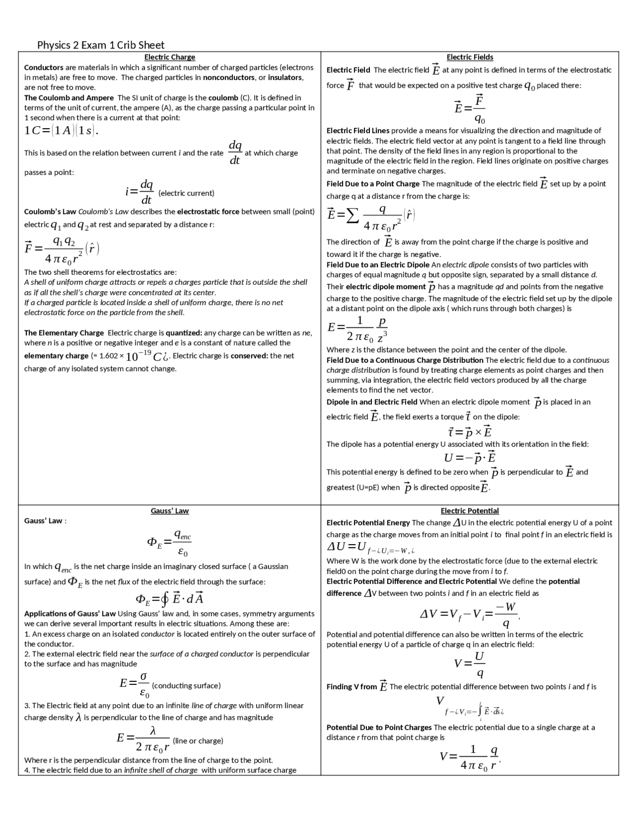 Exam 1 Crib Sheet Physics Ii Phys 1200 Docsity