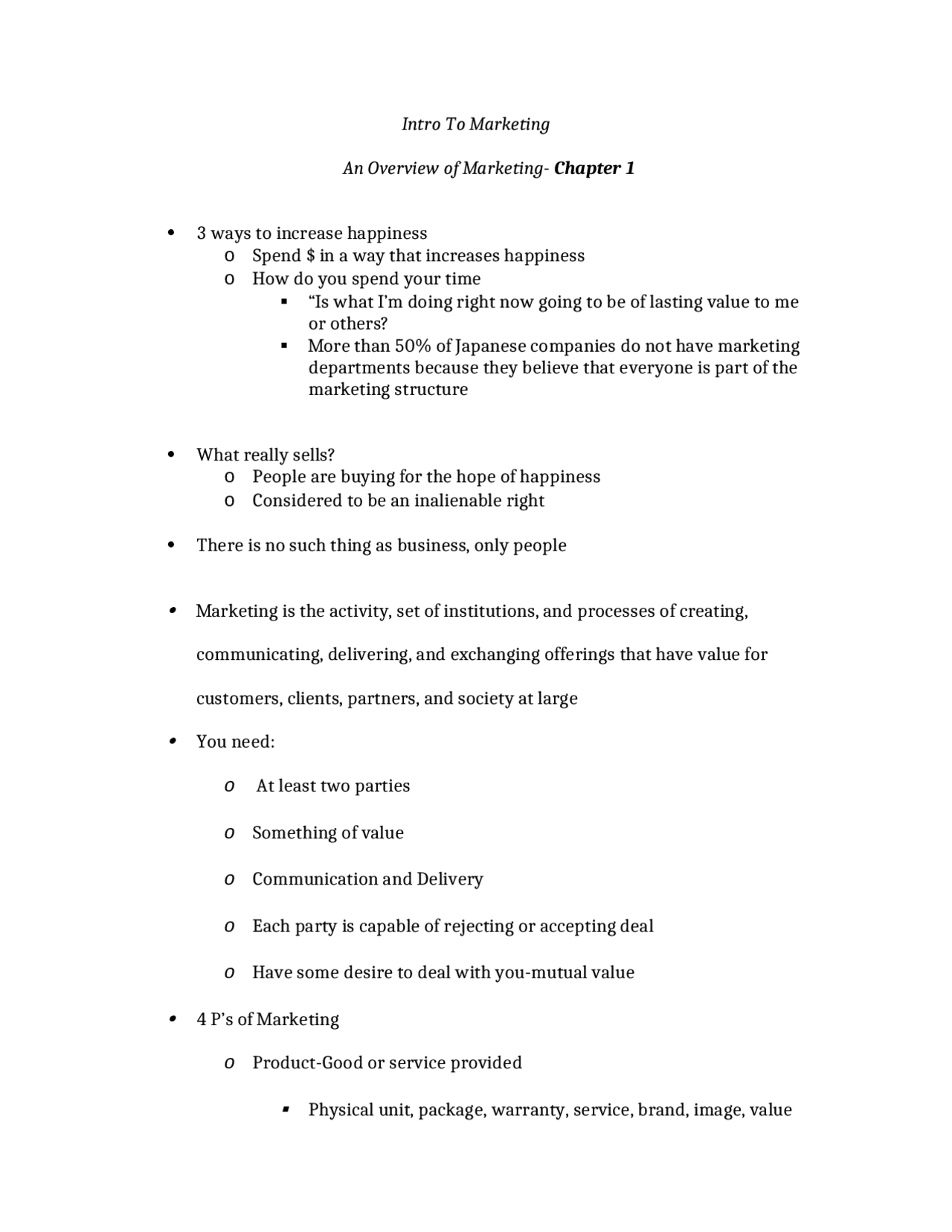 Introduction To Marketing Strategy Notes For Exam 1 06m 100 Docsity