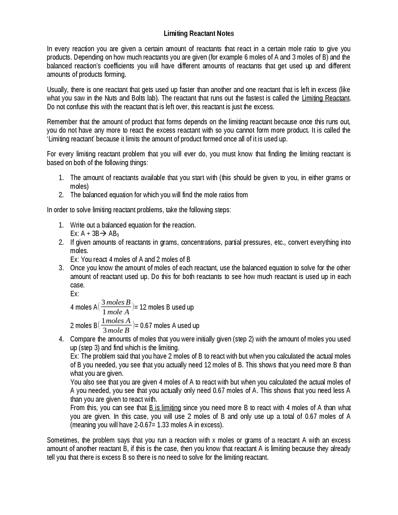 Limiting Reactant Notes - General Chemistry I | CHEM 102 - Docsity