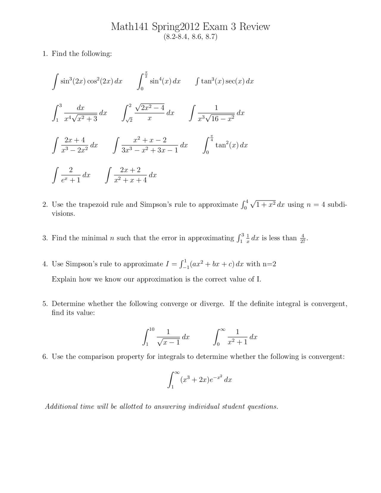 Exam 3 Review Sheet for Calculus II | MATH 141 - Docsity