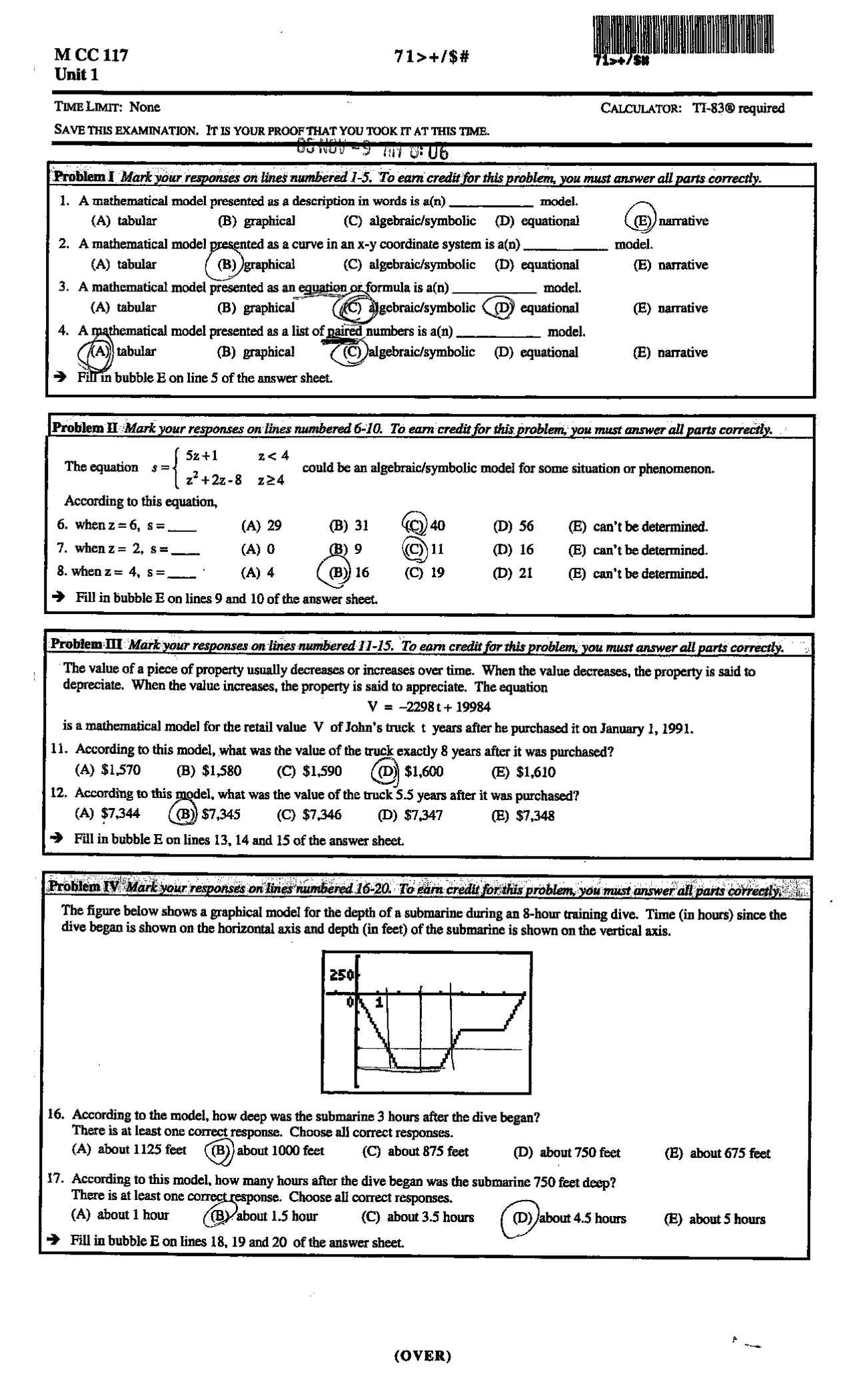 Exam #1 with Solution - College Algebra in Context I | MATH 117 - Docsity