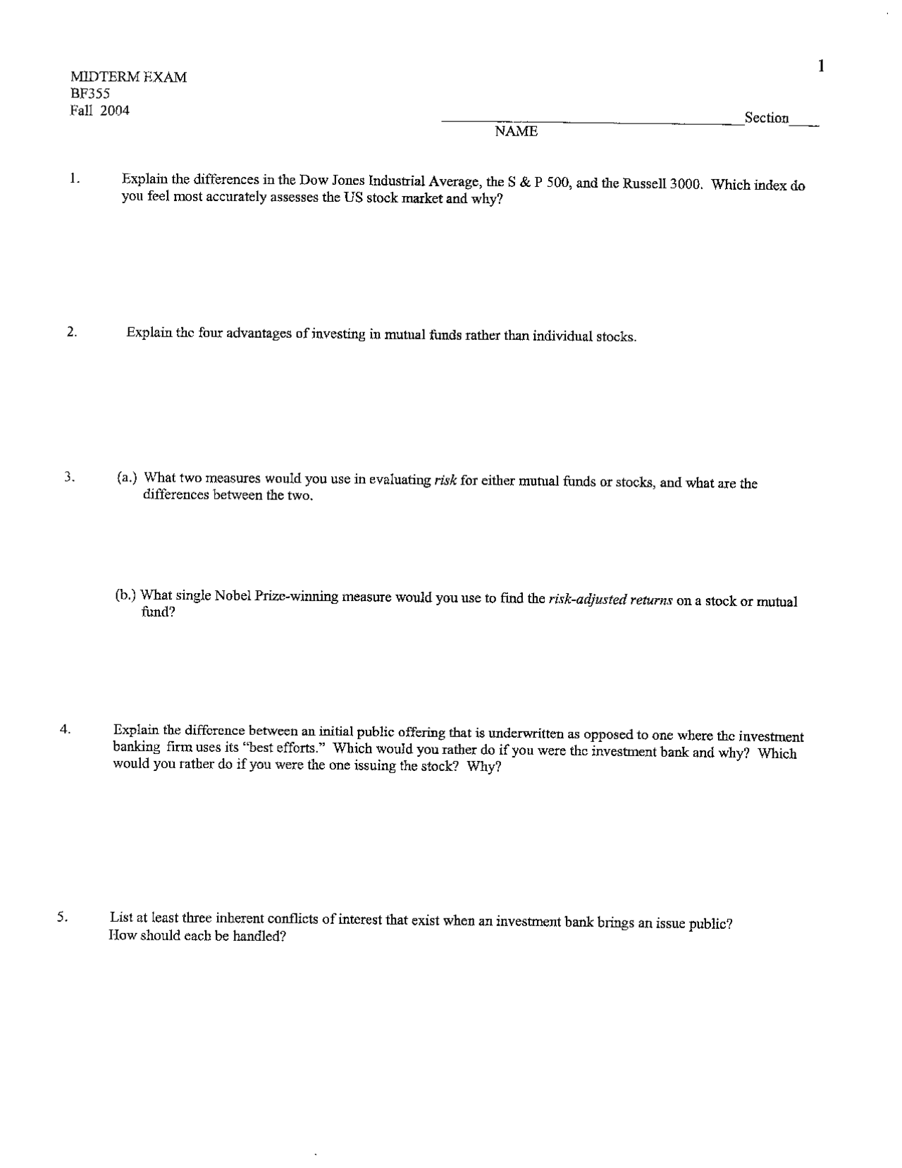 Midterm Exam For Principles Of Investments Fall 2004 Fin 355 Docsity