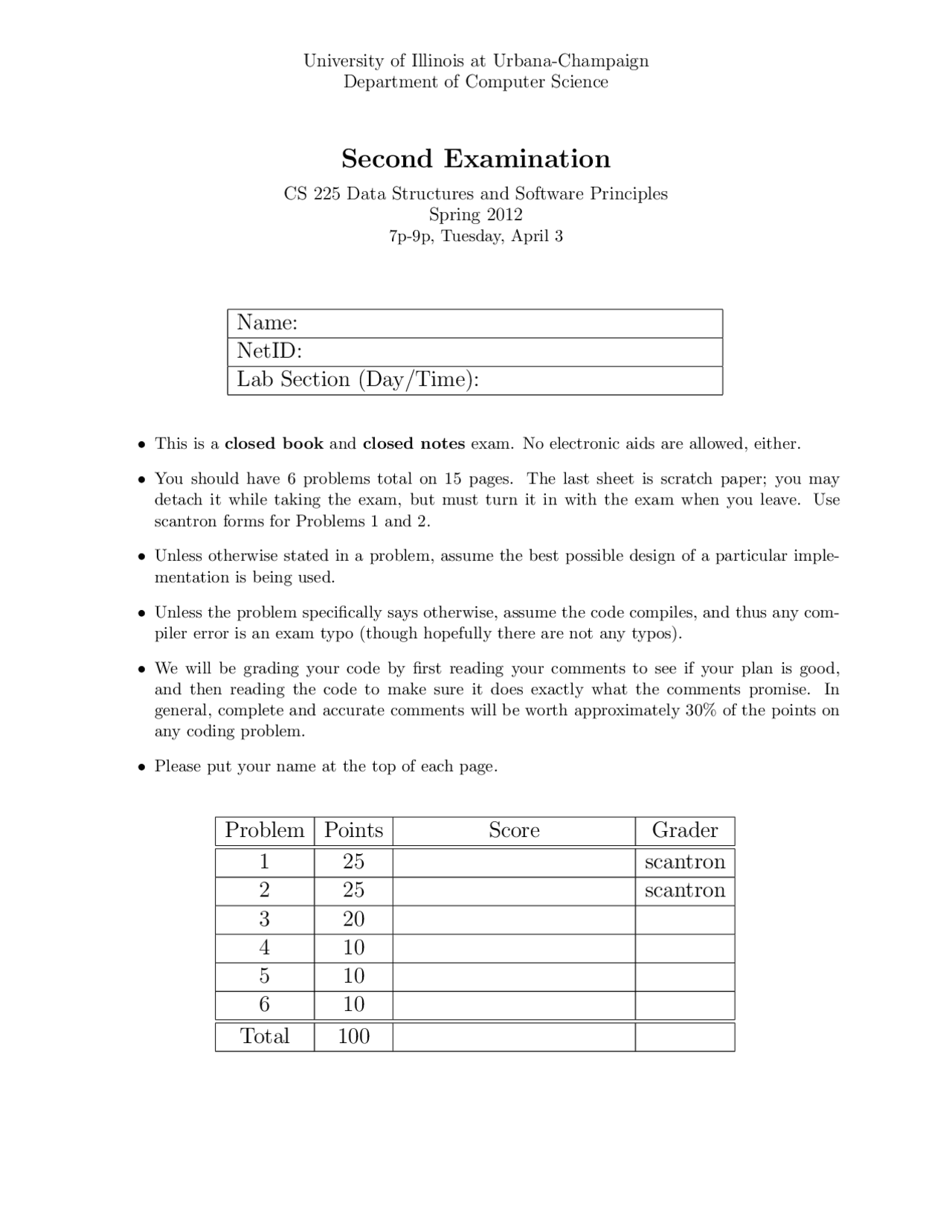 Exam 2 With Solution For Data Structures Spring 2012 Cs 225 Exams Data Structures And