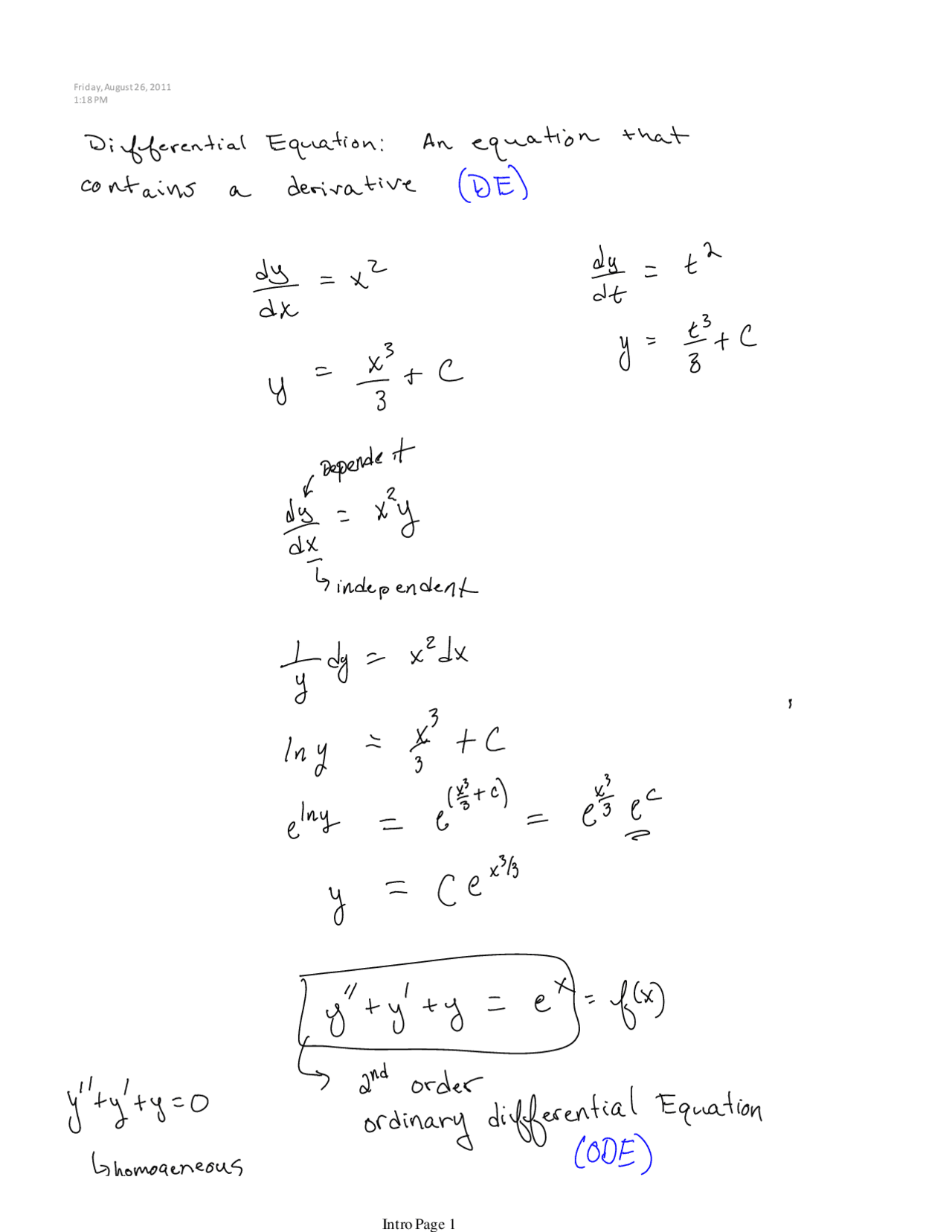 Handwritten Notes on Differential Equation | MATH 532 - Docsity
