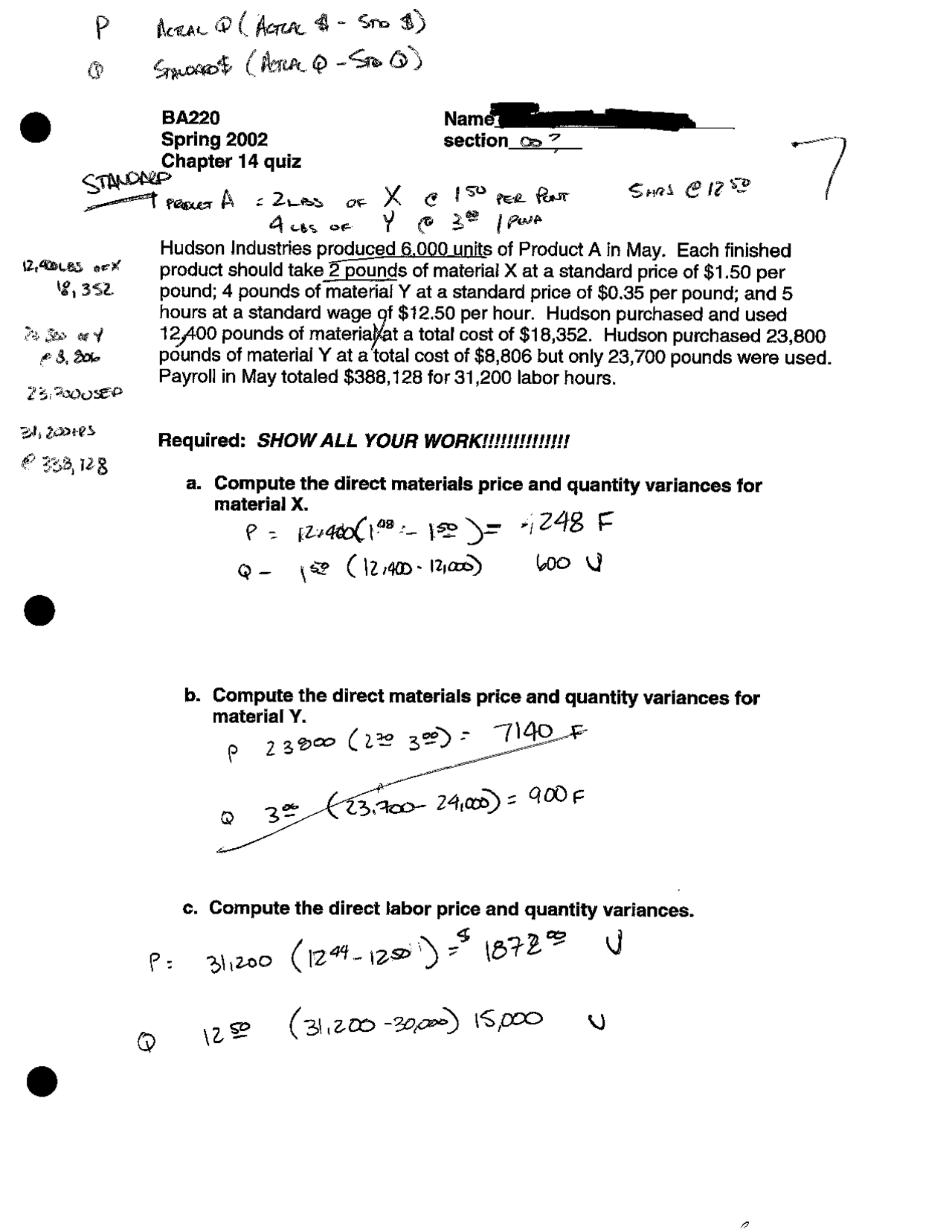 Solution Of Quiz 14 Introduction To Managerial Accounting Act 220