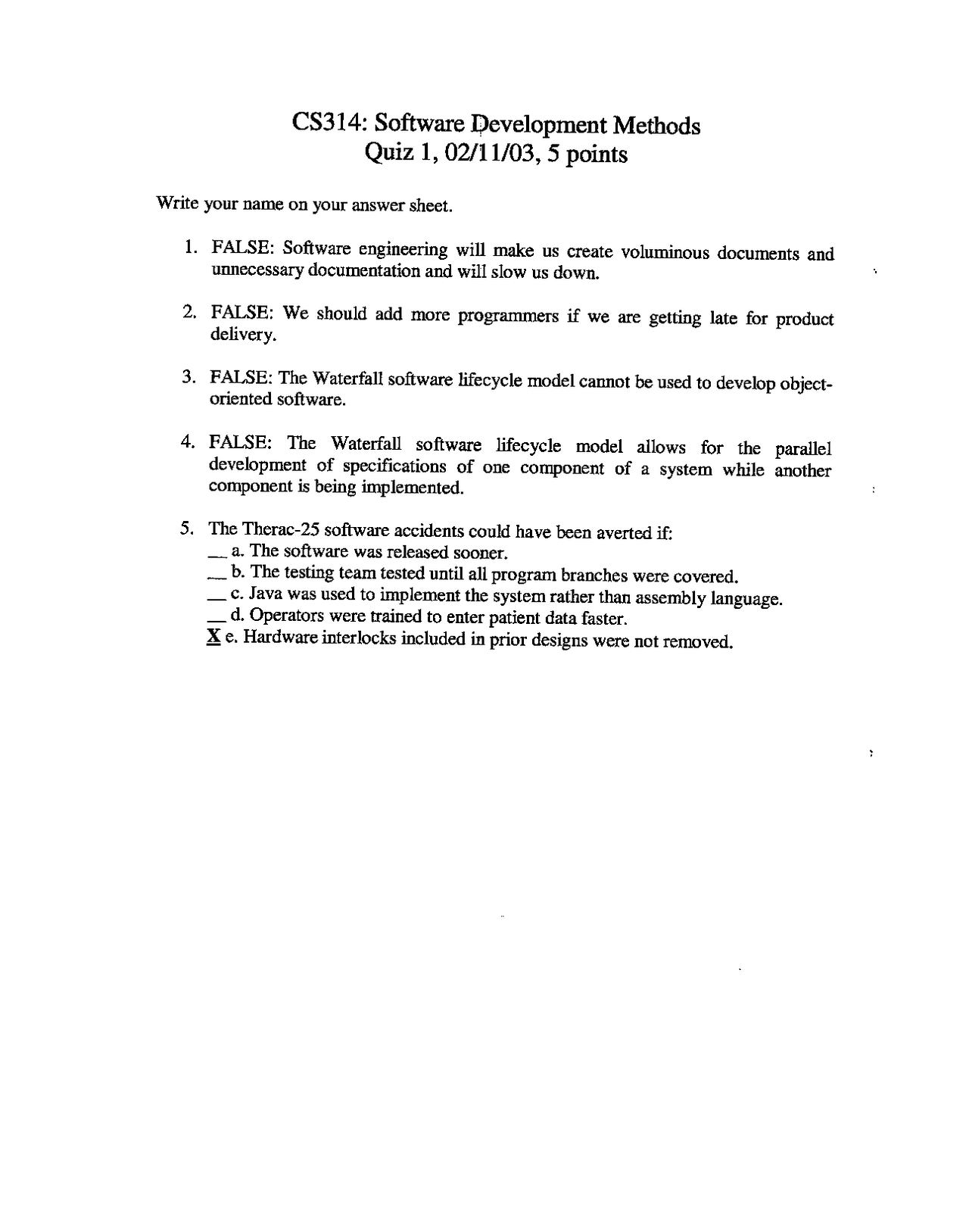 5 Problems On Software Development Methods Quiz 1 Cs 314 Docsity