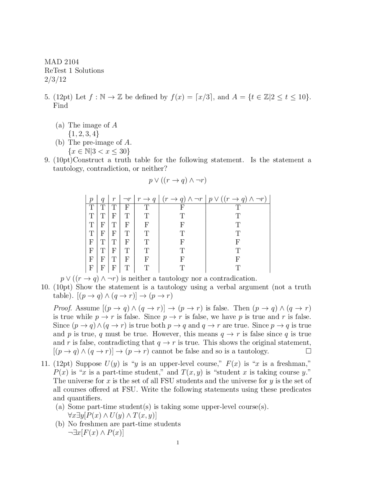 Past Test 1 With Solutions Discrete Mathematics I Mad 2104 Docsity