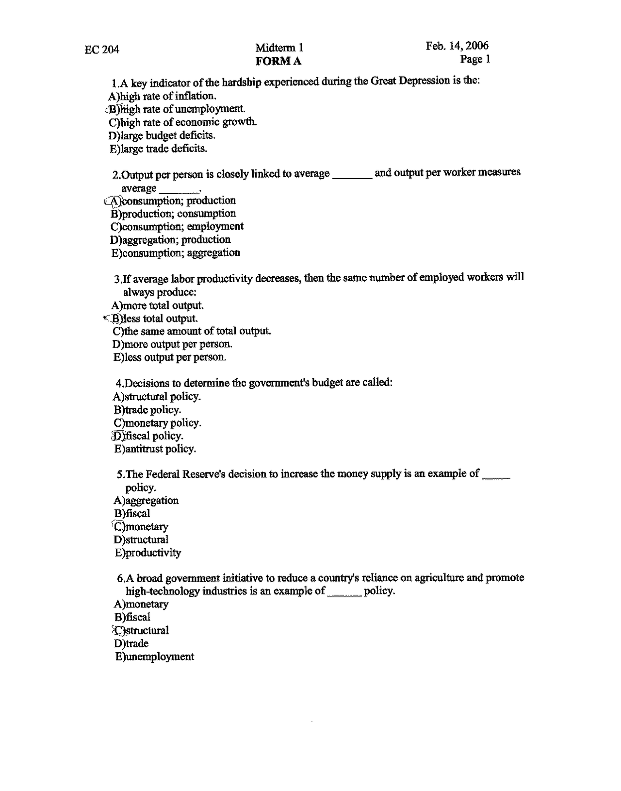 Exam 1 Form A - Principles of Macroeconomics (GT-SS1) | ECON 204 - Docsity