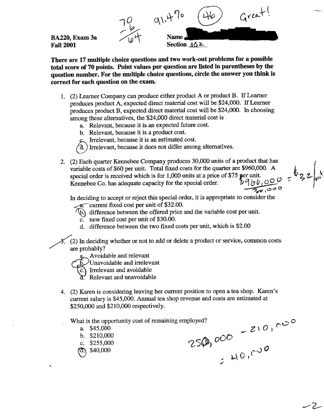 Solved Mcqs On Introduction To Managerial Accounting Test 3 Act 220