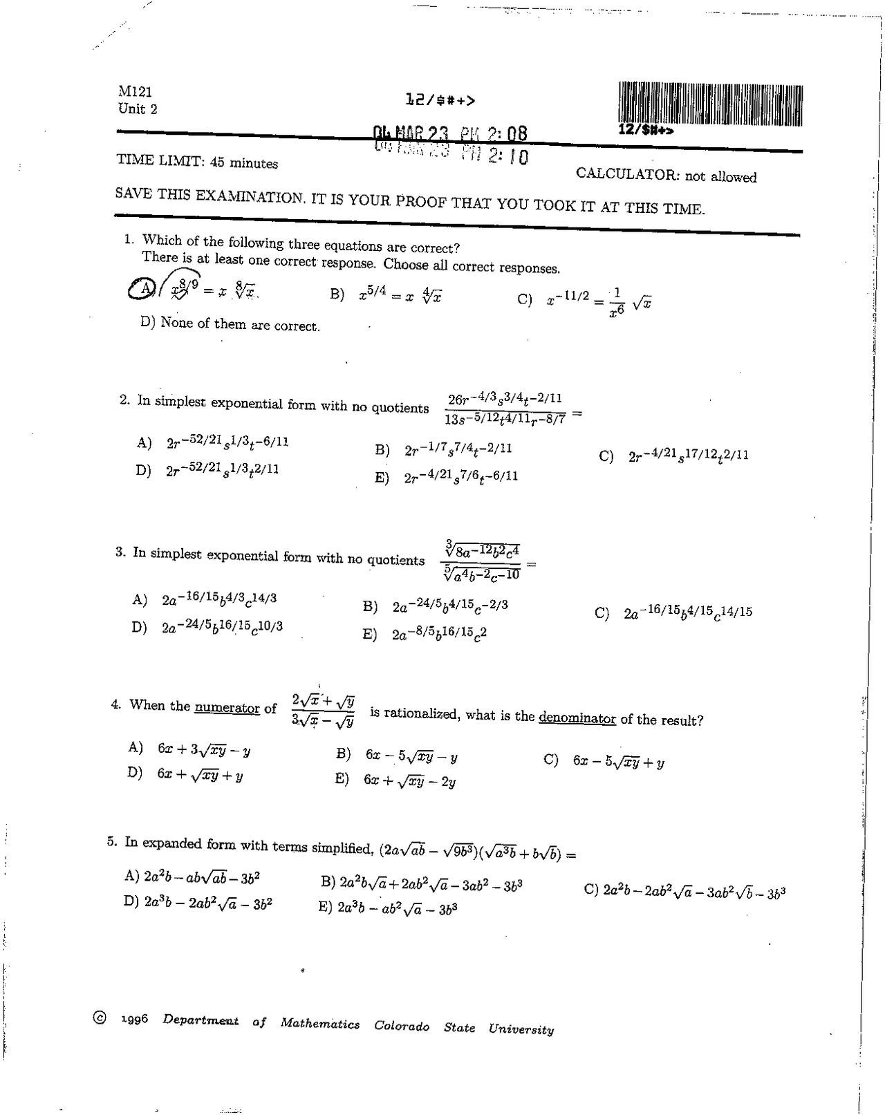 5 Questions on Logarithmic and Exponential Functions - Midterm Exam | MATH 124 | Exams ...