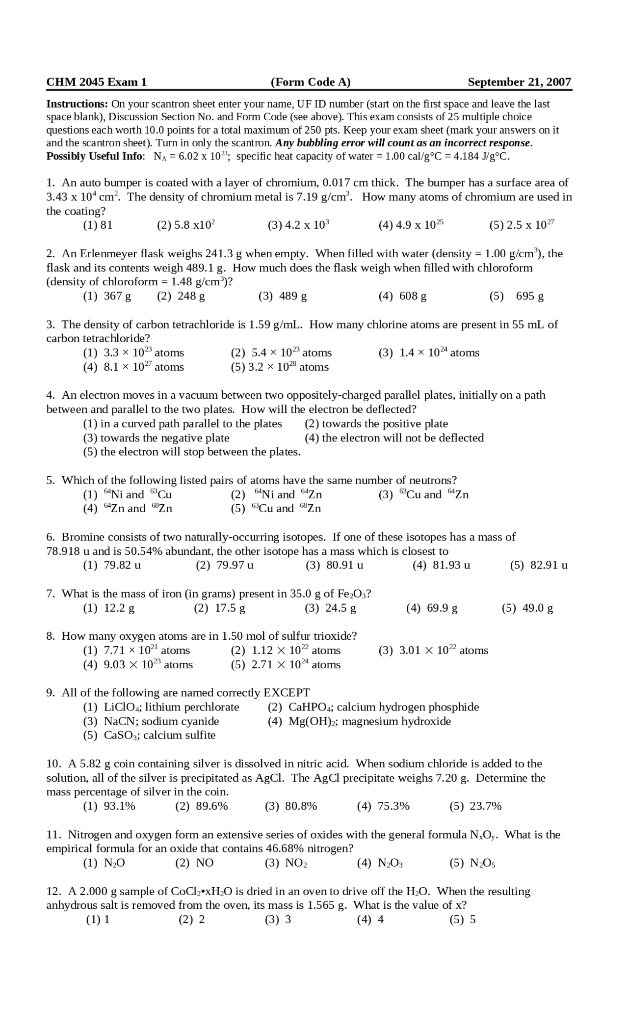Practice Exam 1 - General Chemistry - Fall 2007 | CHM 2045 | Exams ...