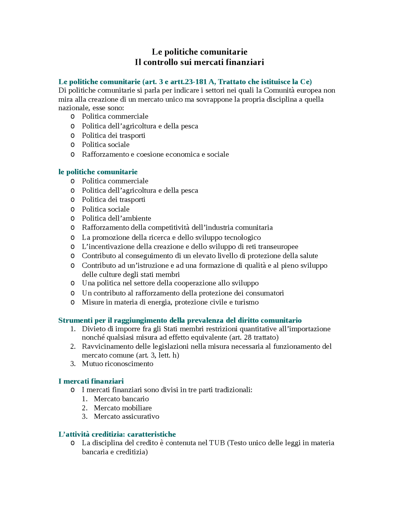 Controllo sui mercati | Dispense di Diritto Pubblico Comunitario | Docsity