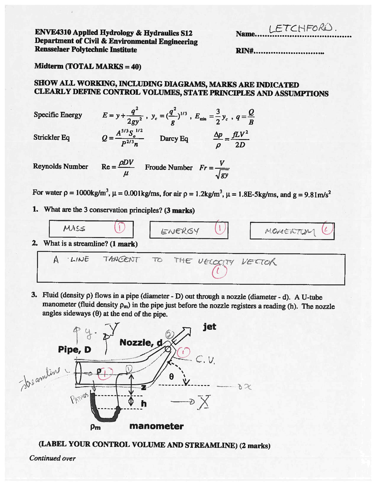 Exam 1 With Solutions Applied Hydrology And Hydraulics Enve 4310