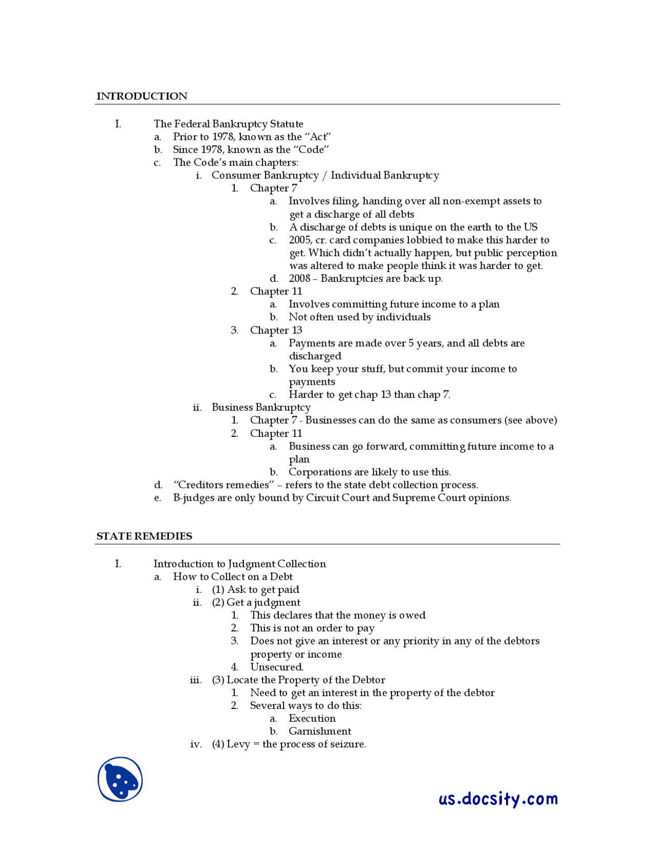 Bankruptcy Outline 1 - Intro, State Remedies, Liability, Debt ...