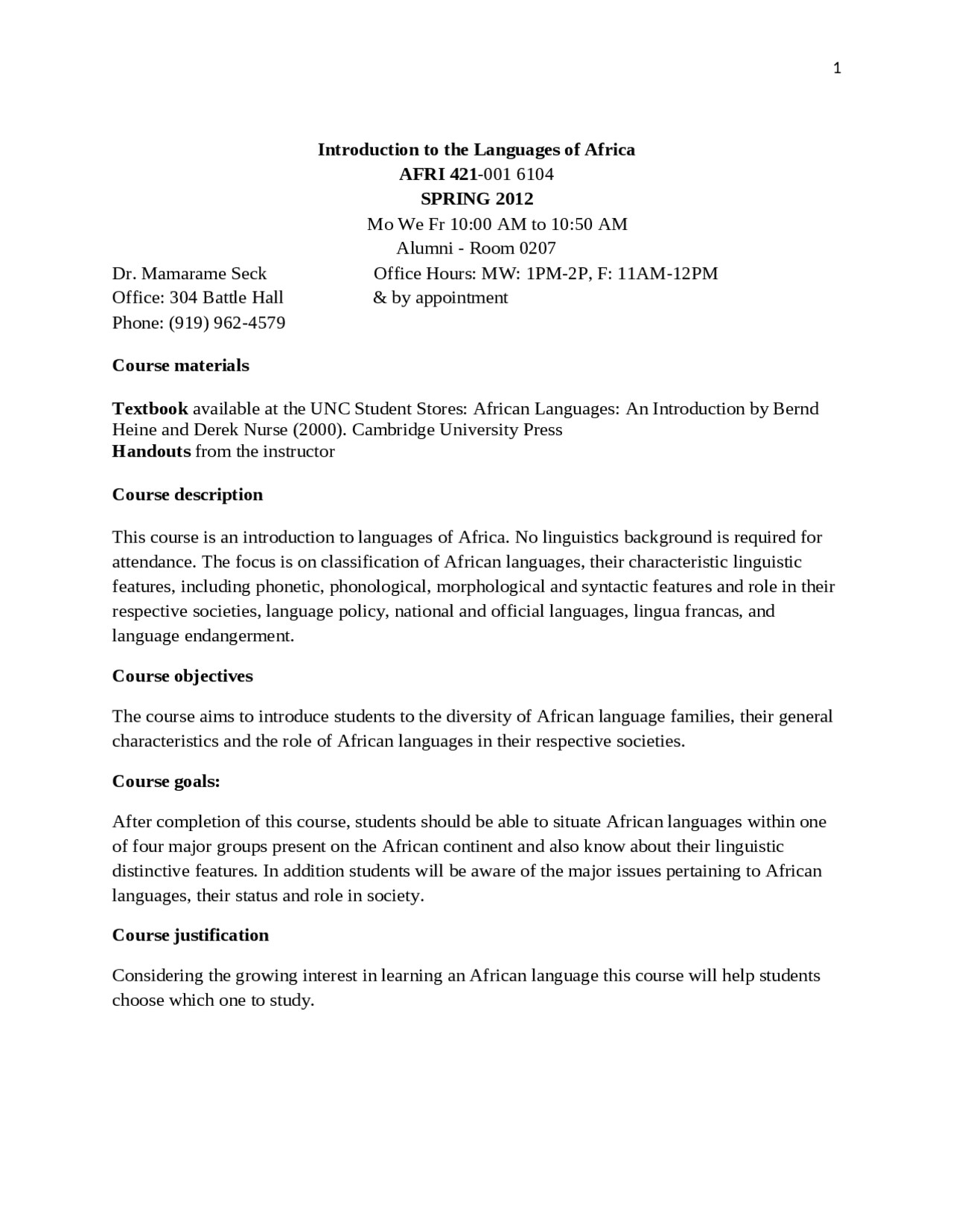 Course Syllabus For Introduction To The Languages Of Africa Spring 2012 Afri 421 Lecture