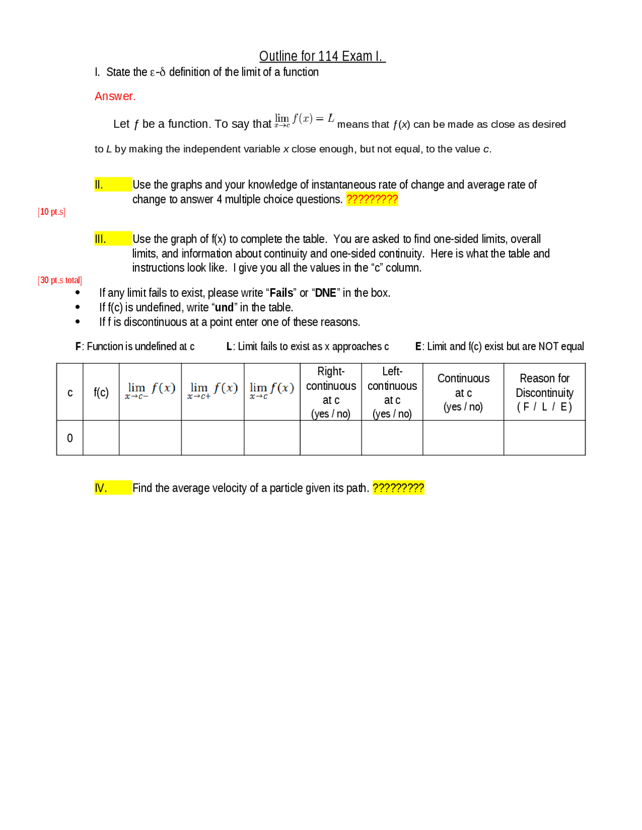 Preparation For Calculus Outline For Exam 1 Mat 112 Docsity