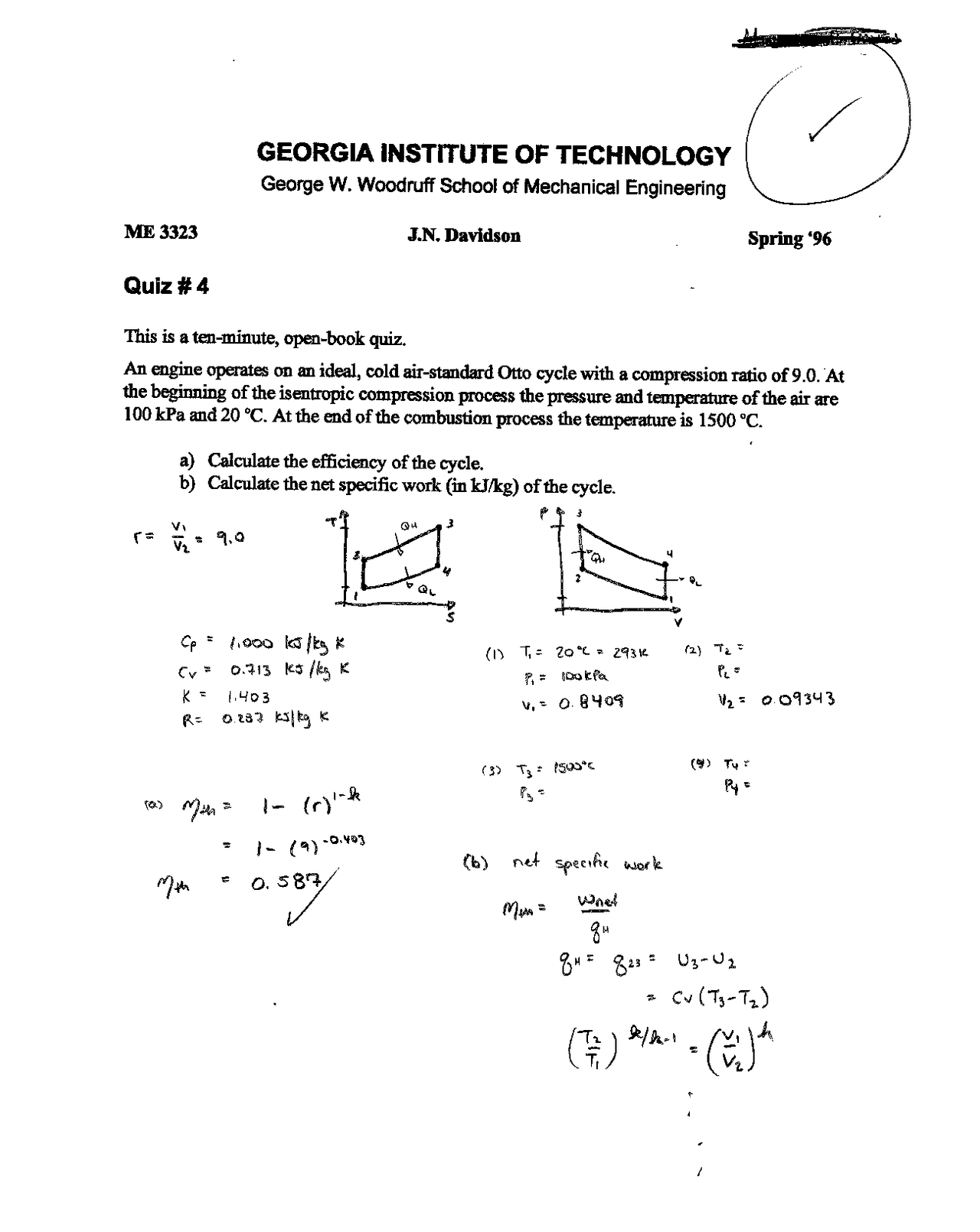 Solved Quiz 4 Question Thermodynamics Me 3322 Docsity