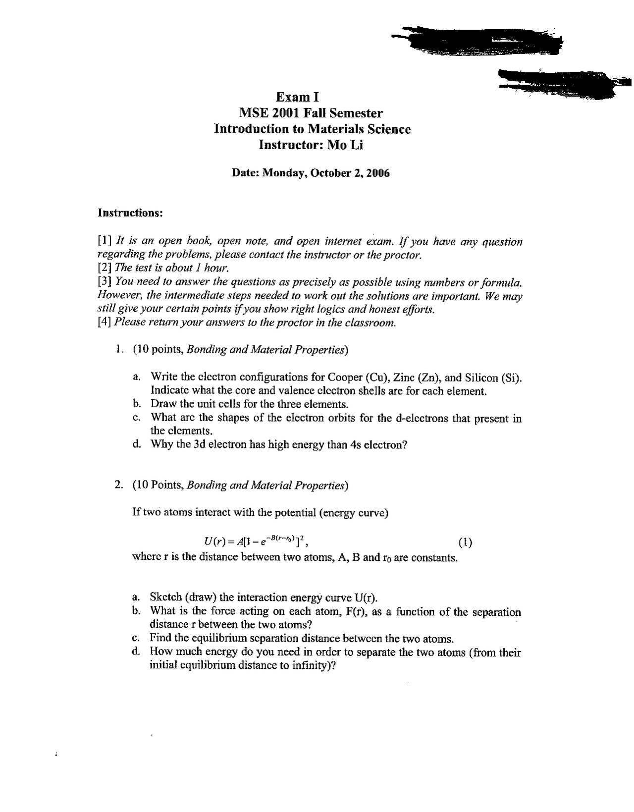 Exam 1 Introduction To Material Science Fall 2006 Mse 2001 Docsity