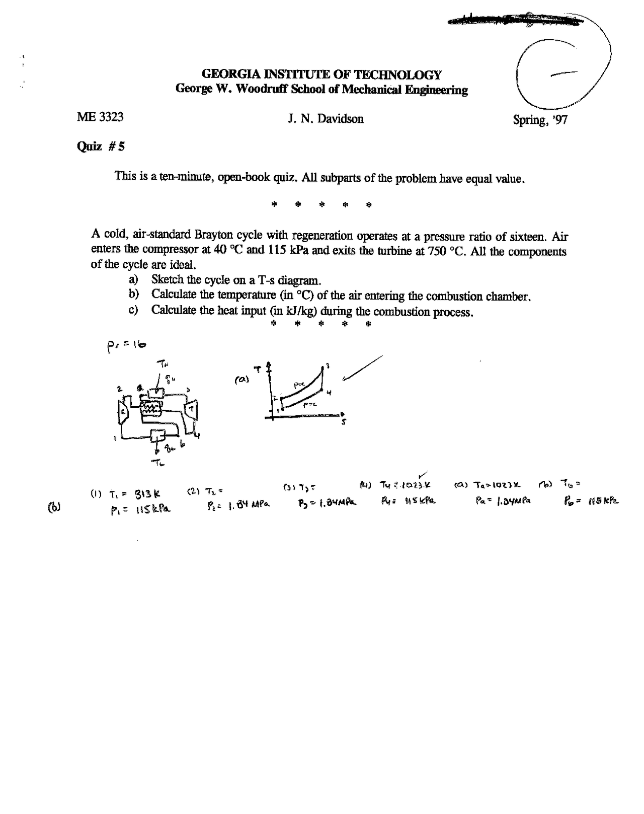 Quiz 5 Questions With Answers Thermodynamics Me 3322 Docsity