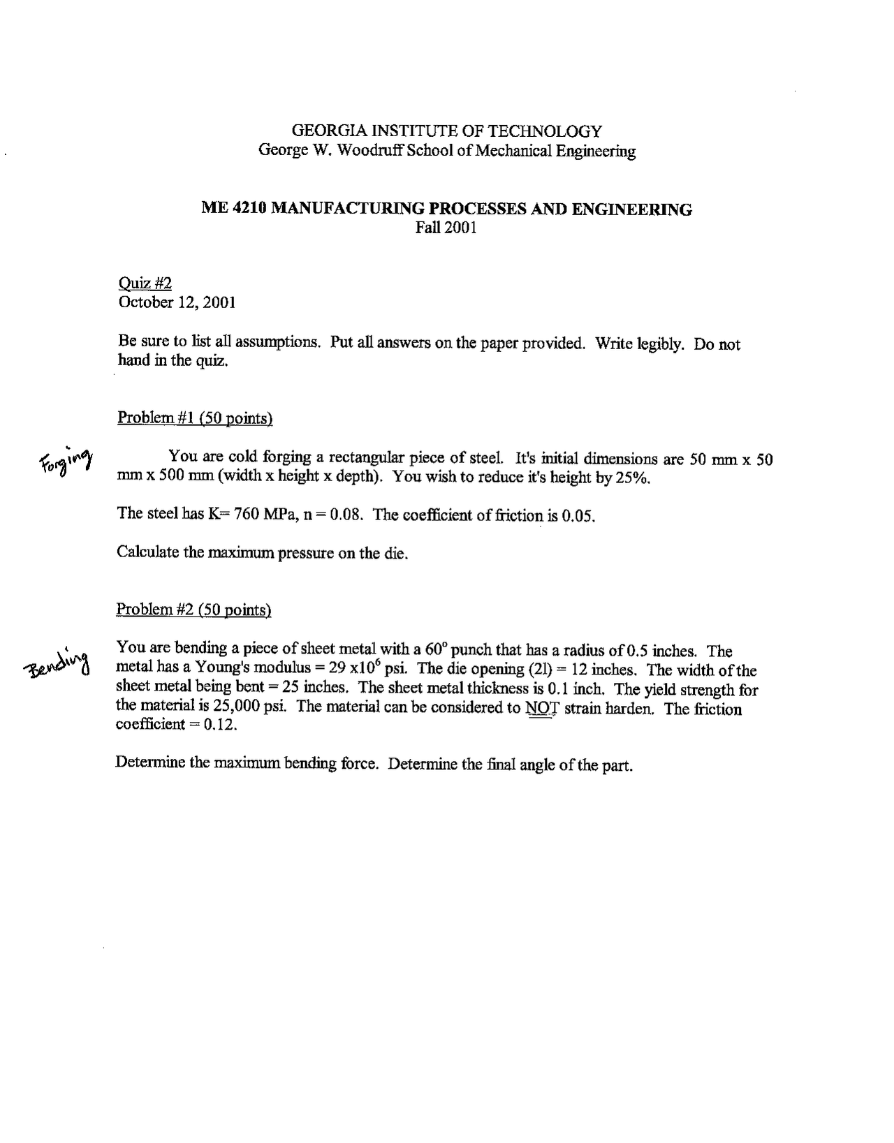 Quiz 2 Questions on Manufacturing Processes and Engineering with ...