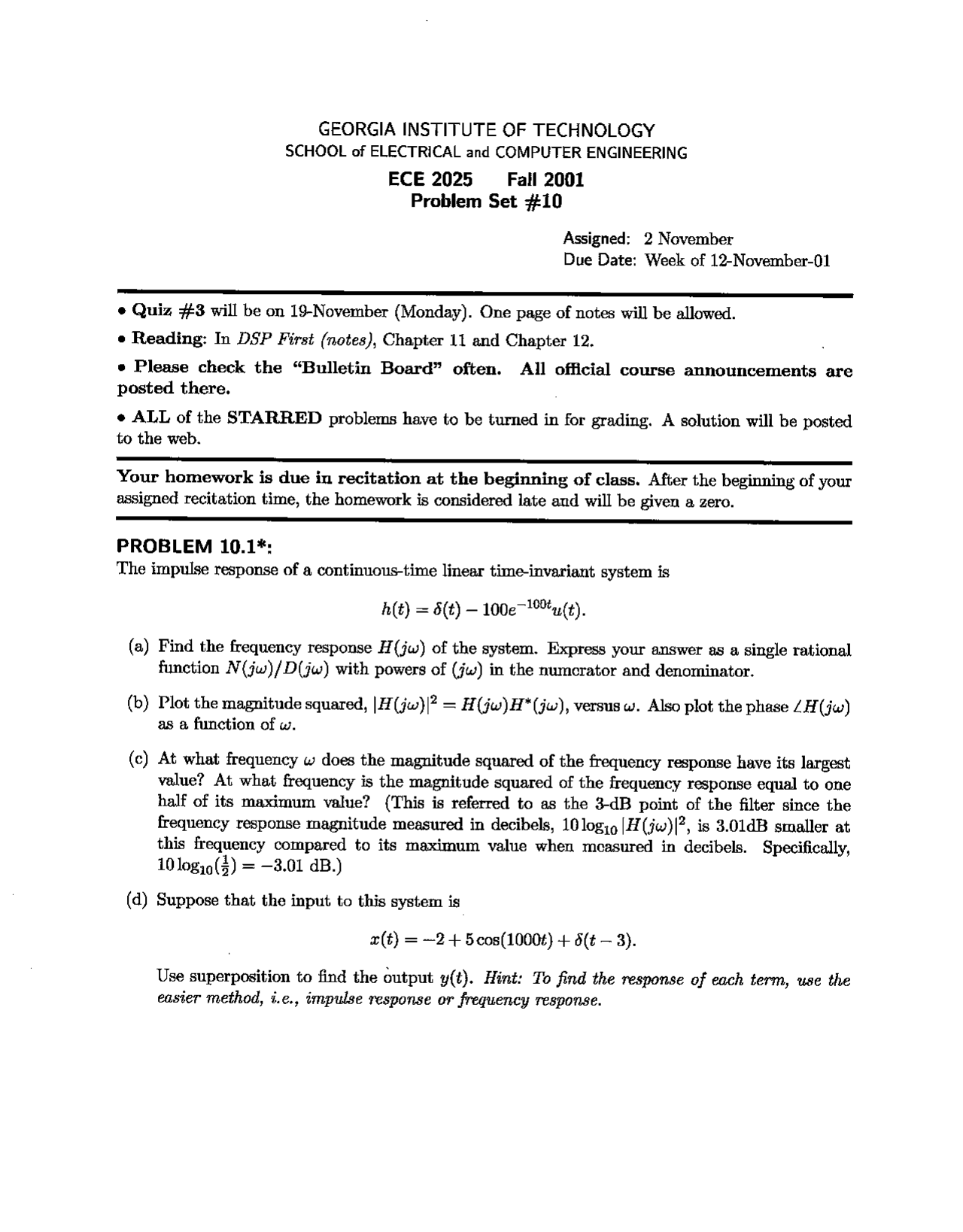 Problem Set 10 Answers Introduction To Signal Processing Ece 2025 Assignments Electrical