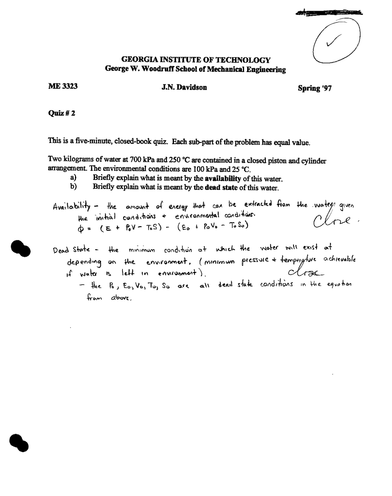 Question on Thermodynamics with Solution - Quiz 2 | ME 3322 - Docsity