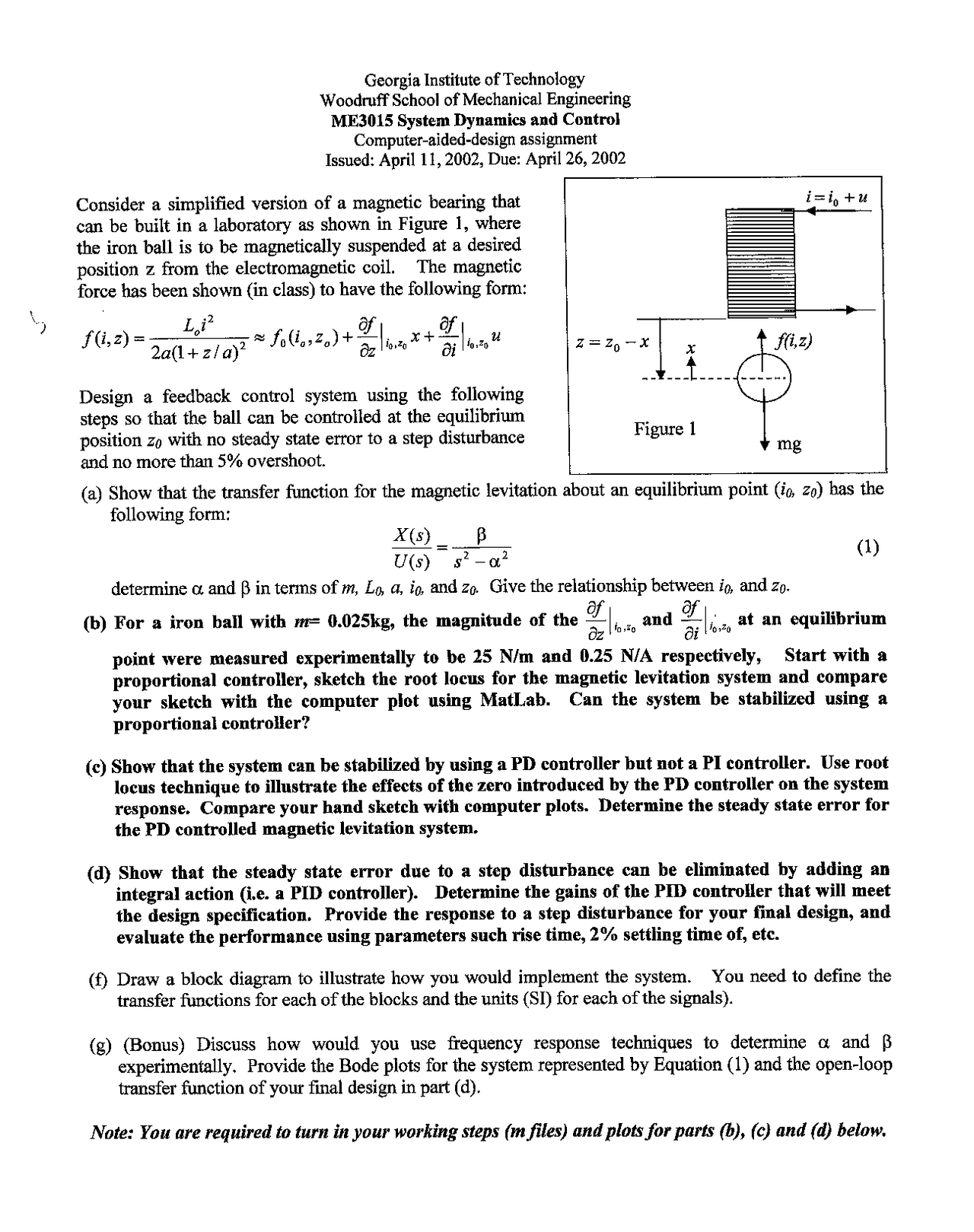 Linearization of Motion in a Ball Levitator - Systems Dynamics and Control | ME 3015 - Docsity