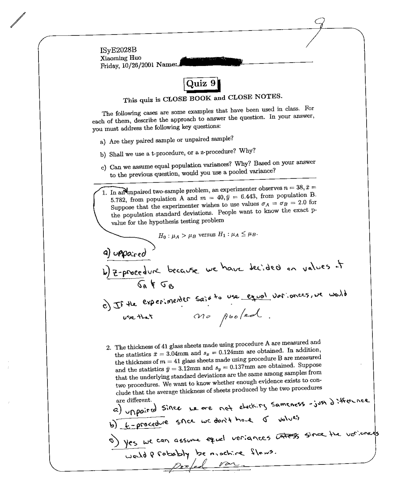 Quiz 9 With Solutions Basic Statistical Methods Isye 2028 Quizzes Data Analysis