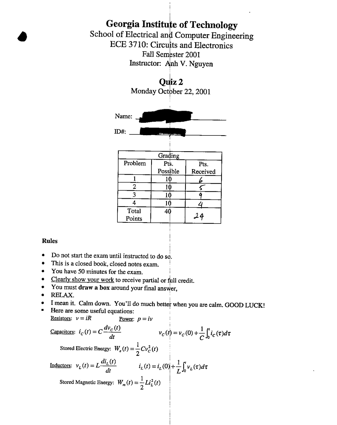 4 Solved Questions Quiz 2 Circuits And Electronics Ece 3710 Docsity