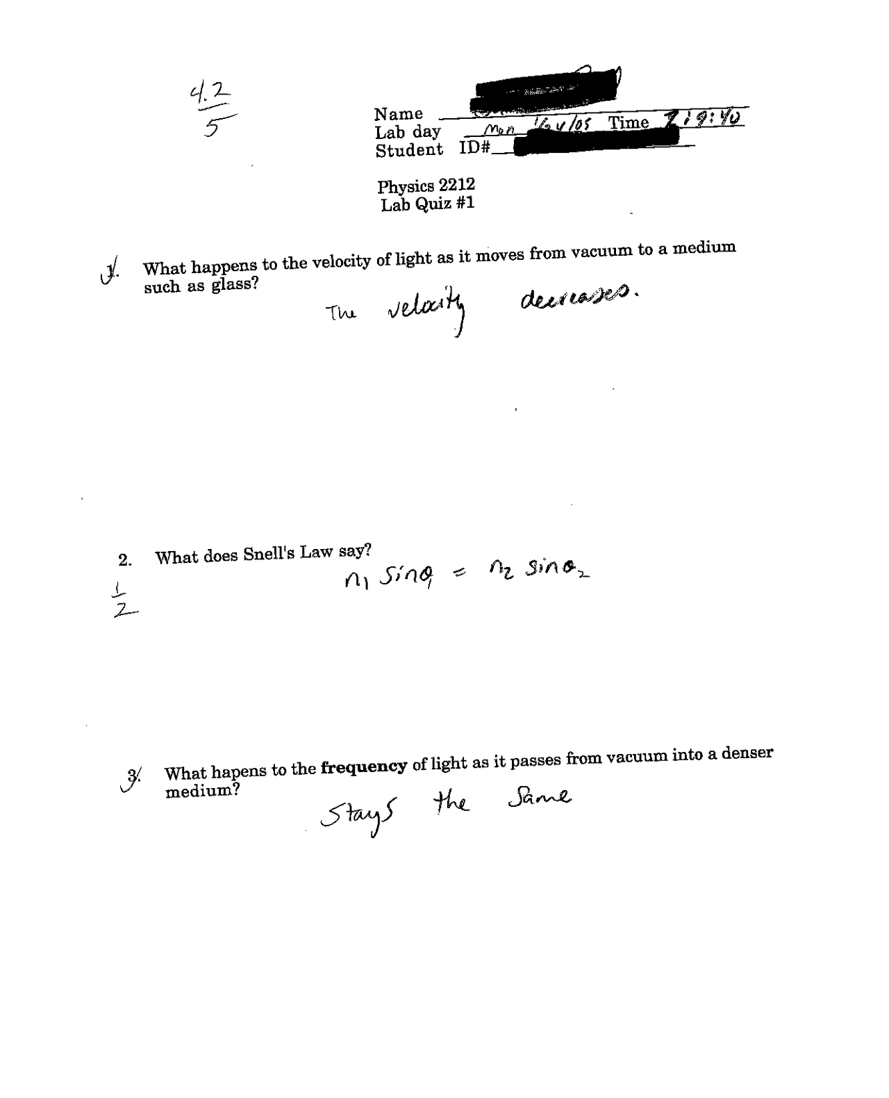 Introduction To Physics Ii Lab Quiz 1 Solved Phys 2212 Docsity