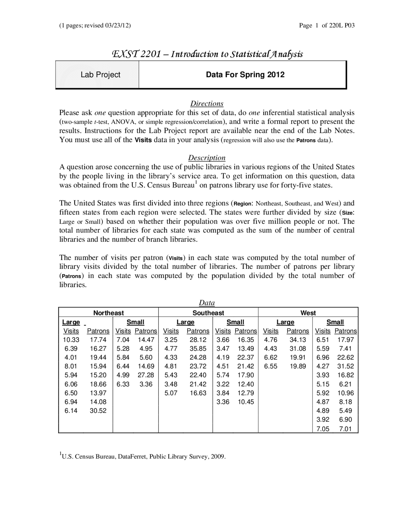Lab Project Description And Sample Data Statistical Analysis Exst