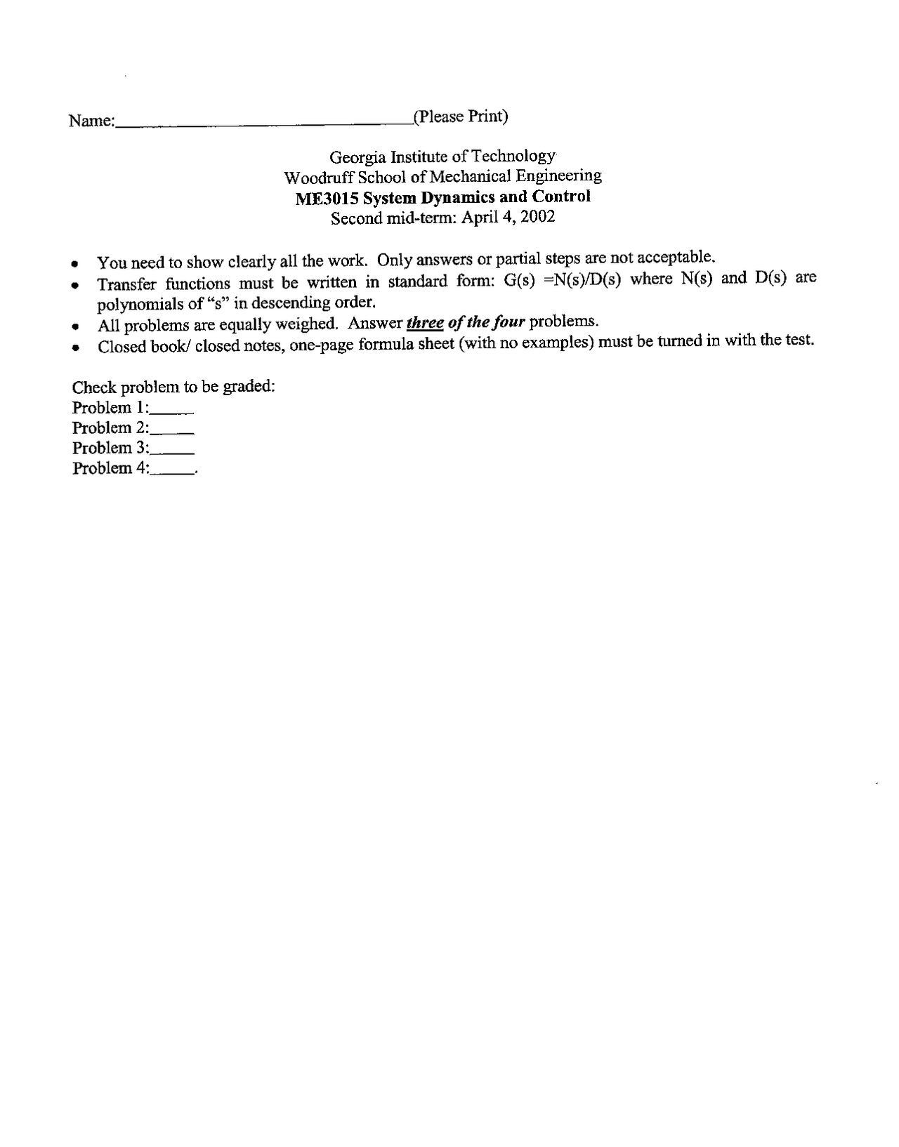 Second Midterm Exam 2 with Solution - System Dynamics and Control | ME ...