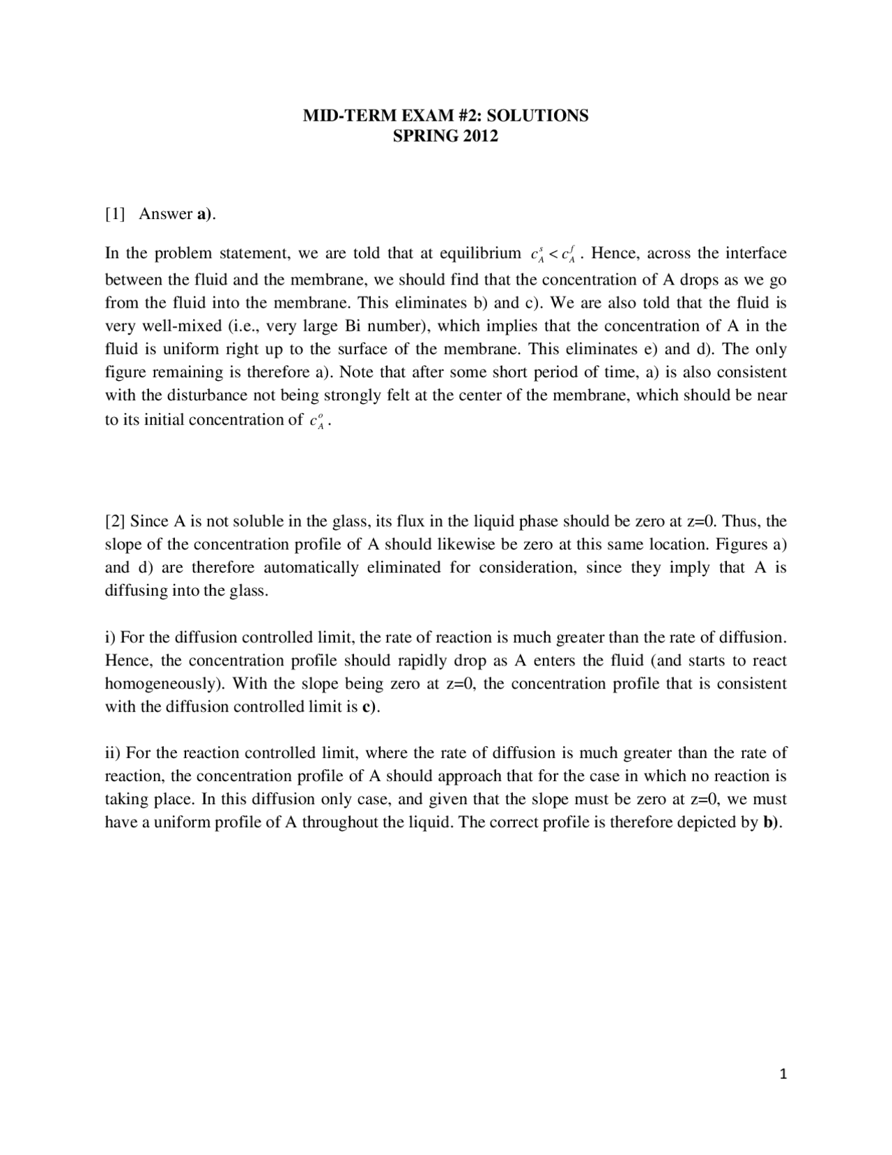 Midterm Exam 2 Solutions - Heat And Mass Transfer | CHE 37800 | Exams Heat and Mass Transfer ...