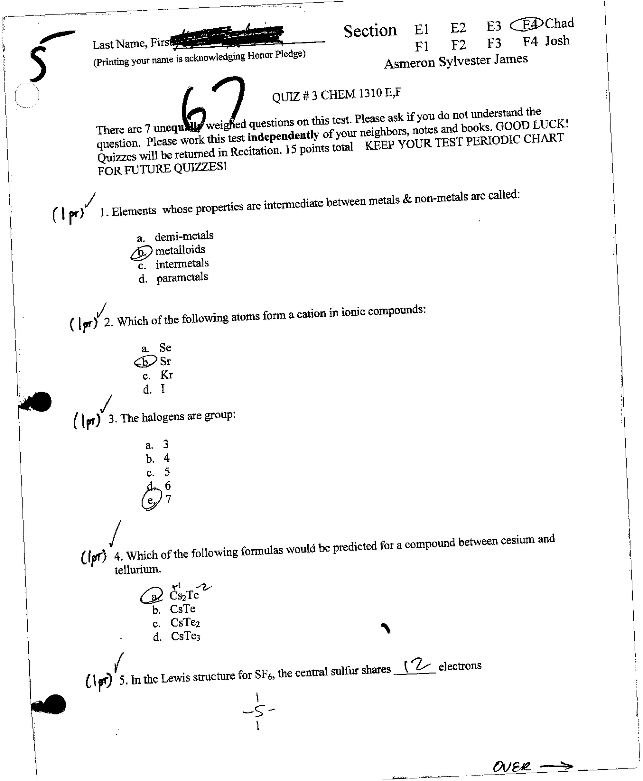 7 Mcqs Quiz 3 General Chemistry Chem 1310 Docsity