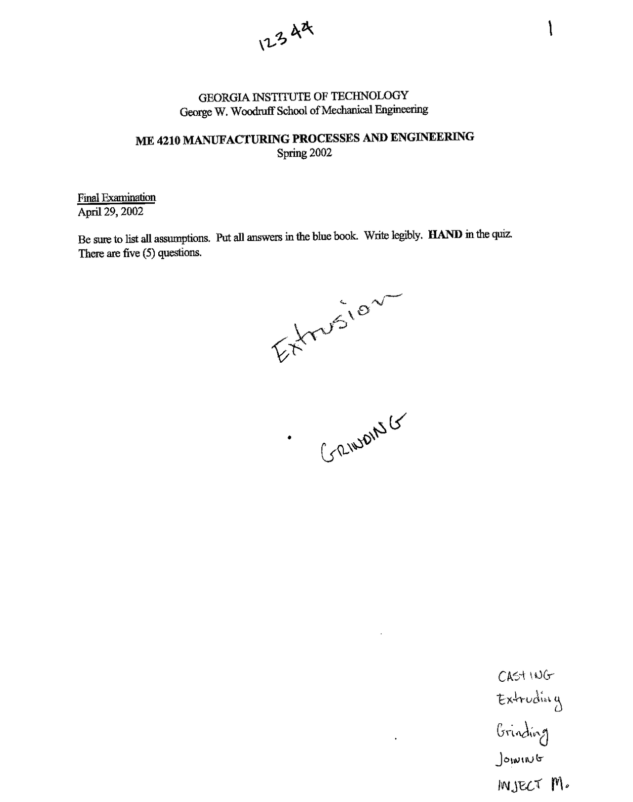 Final Examination for Manufacturing Processes and Engineering - 2002 ...