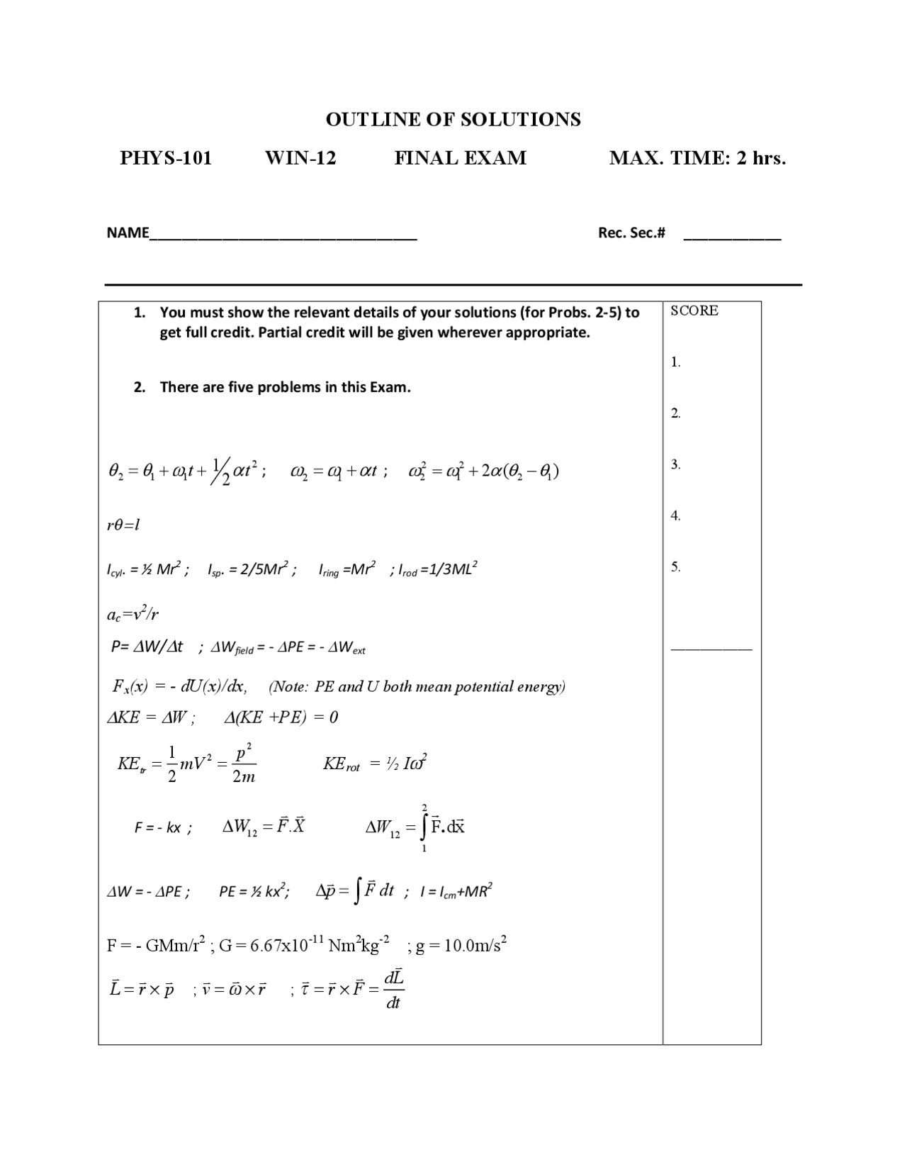 Final Exam Solutions - Fundamentals of Physics I | PHYS 101 - Docsity