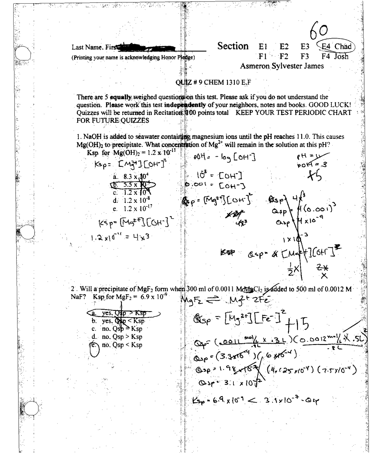 5 Solved Questions Quiz 9 General Chemistry Chem 1310 Docsity