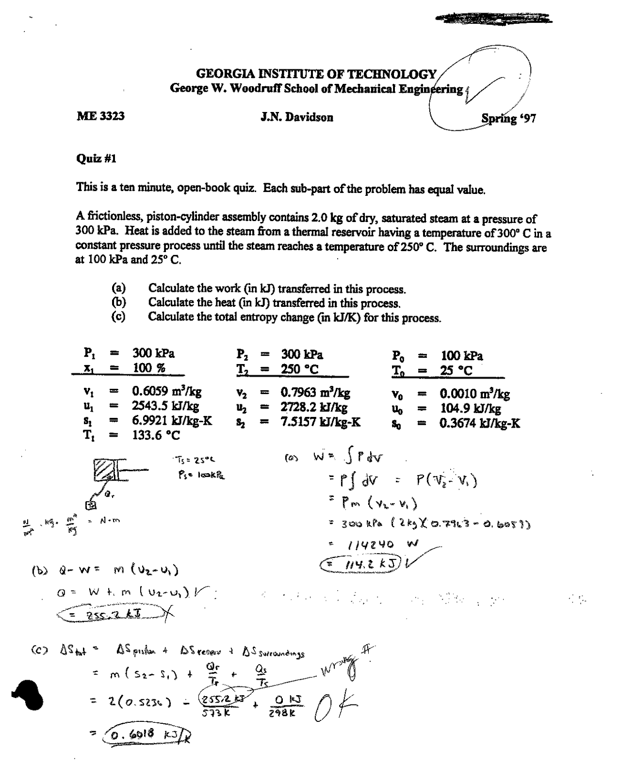 Solved Problem On Thermodynamics Quiz 1 Me 3322 Docsity