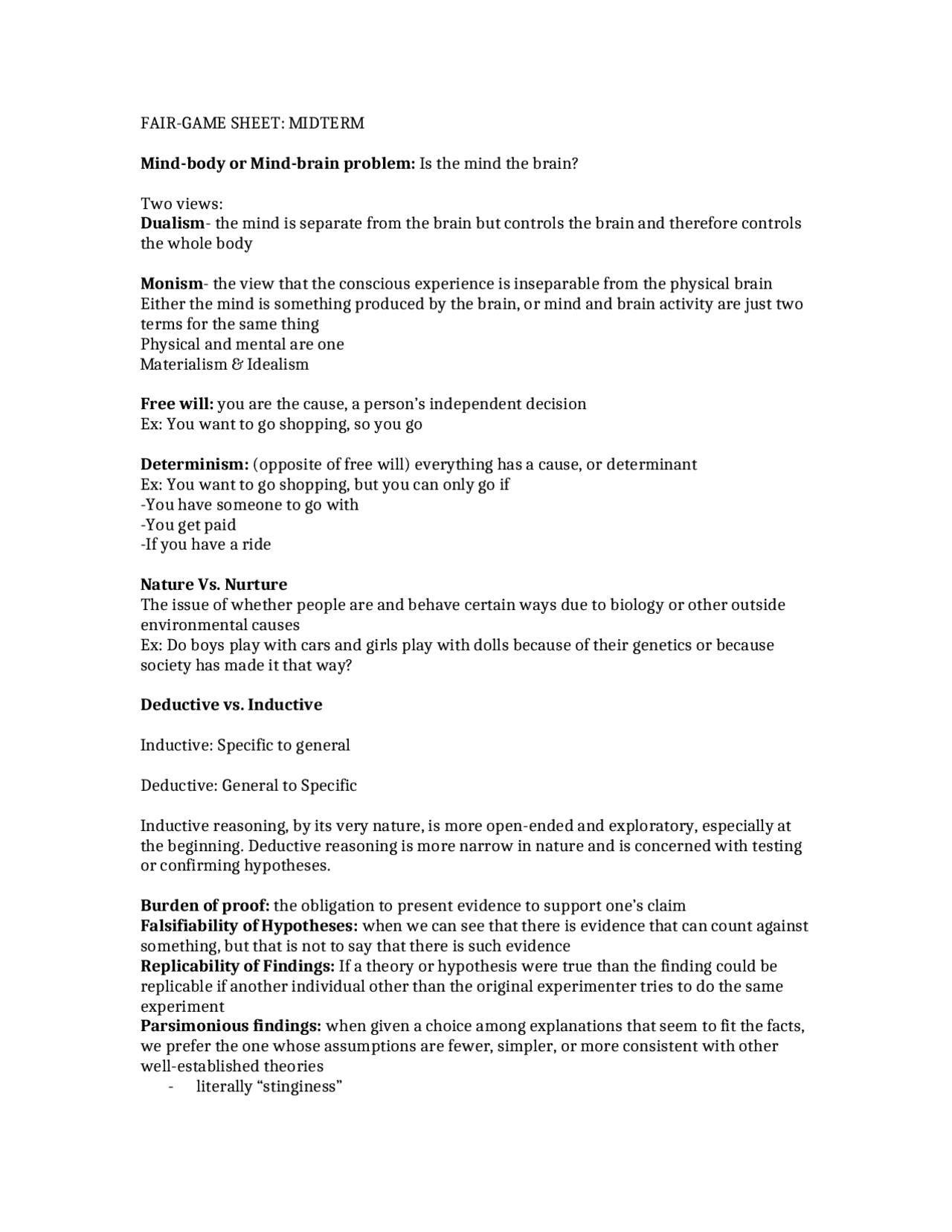 Midterm Fair Game Sheet Introduction To Psychology Psy 1 Docsity