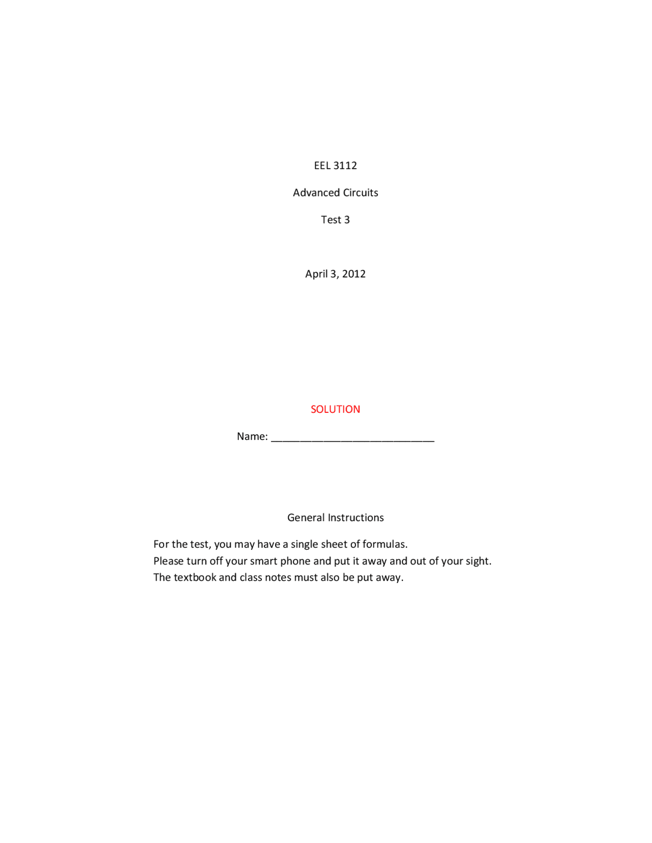 Test 3 With Solution For Advanced Circuits Eel 3112 Docsity