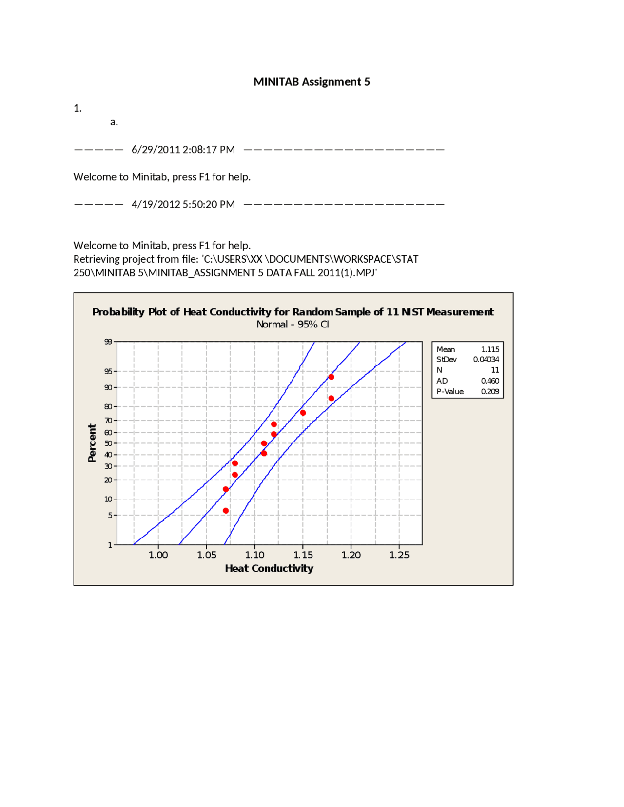 Assignment 5 For Minitab Introductory Statistics I Stat 250 Docsity