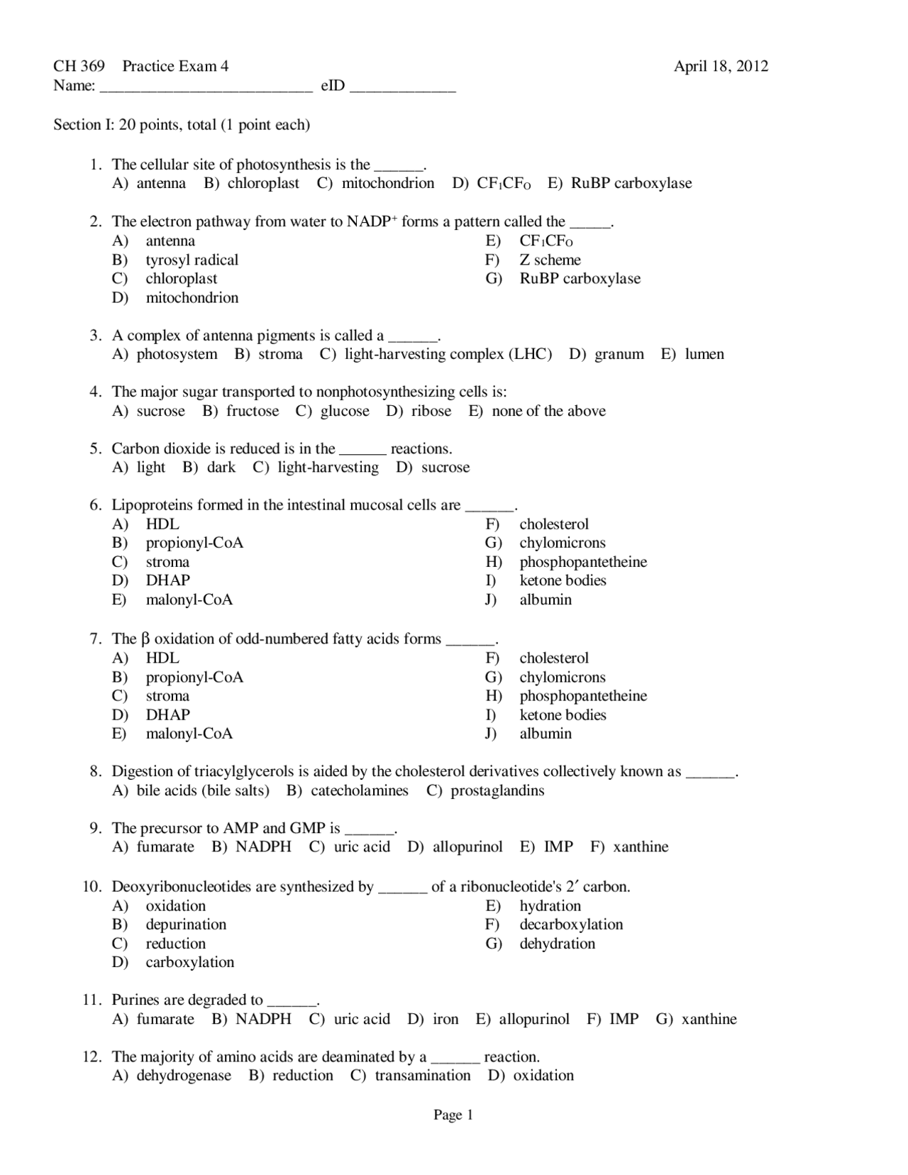Practice Exam 4 With Answer Key Fundamentals Of Biochemistry Ch 369