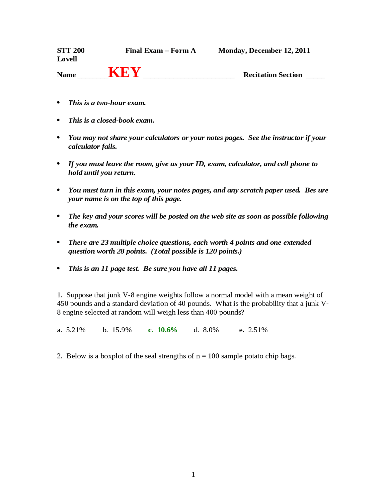 Statistical Methods Final Exam Solutions Stt 200 Docsity